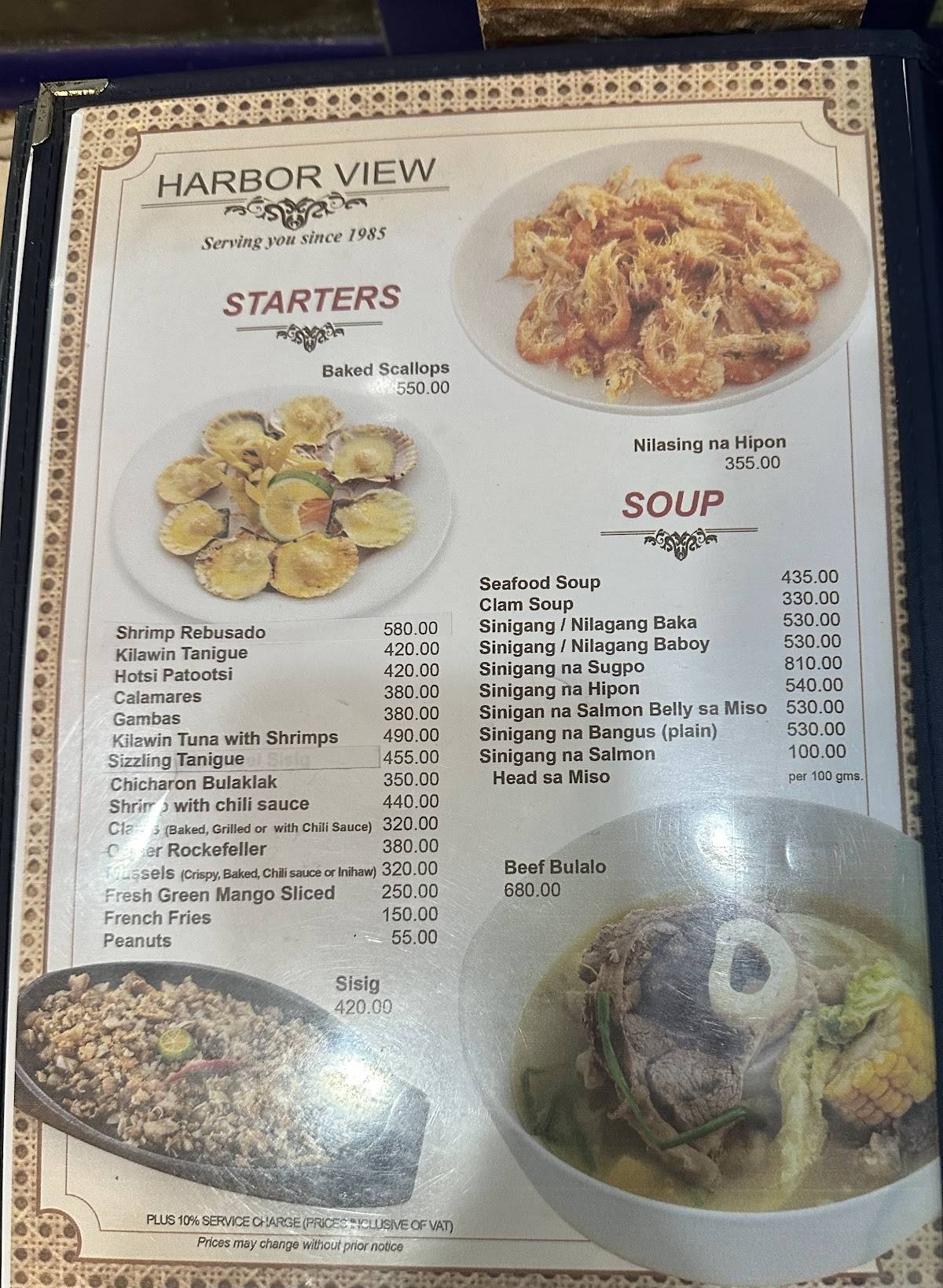Menu at Harbor View Restaurant, Manila, South Dr