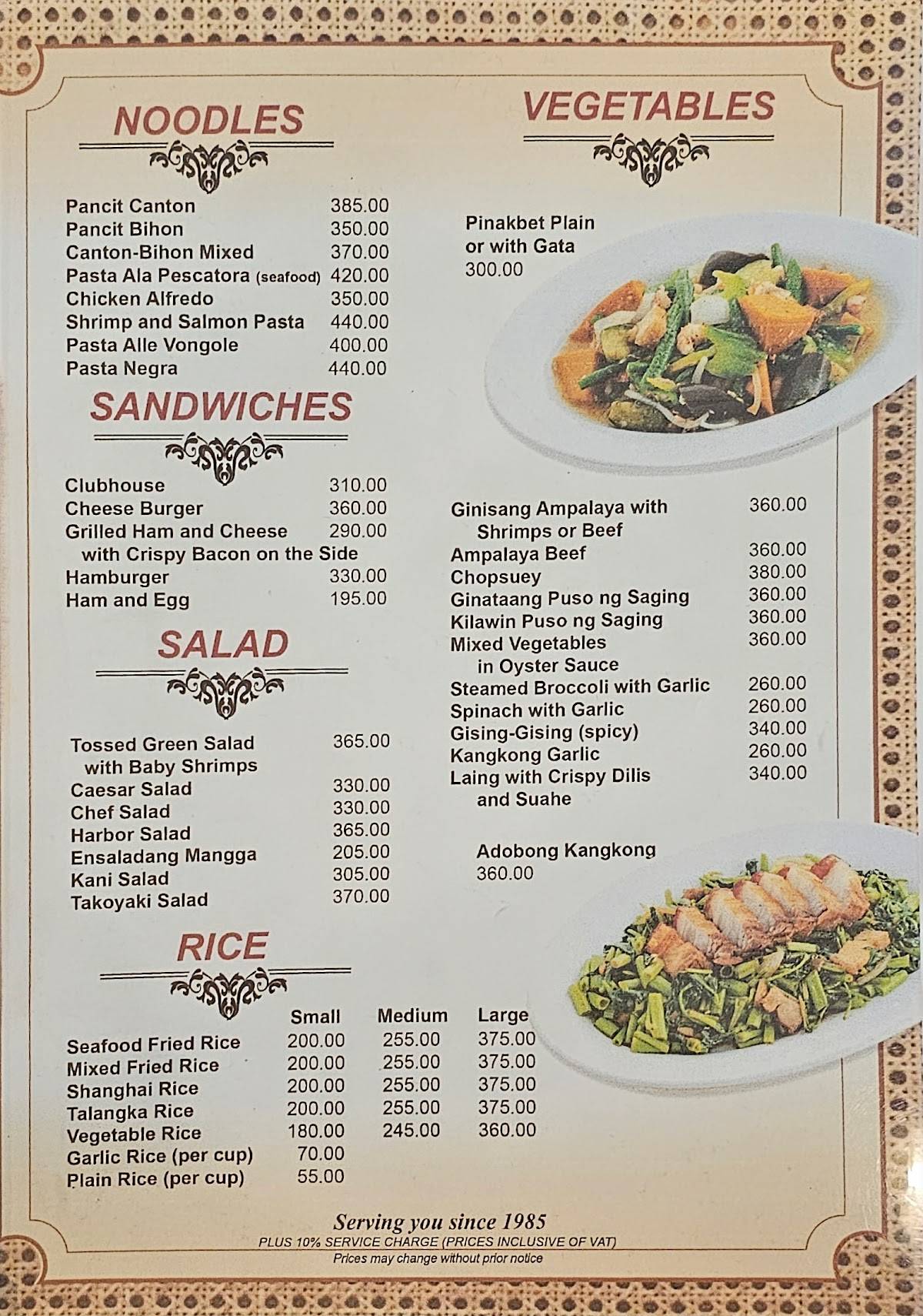 Menu at Harbor View Restaurant, Manila, South Dr