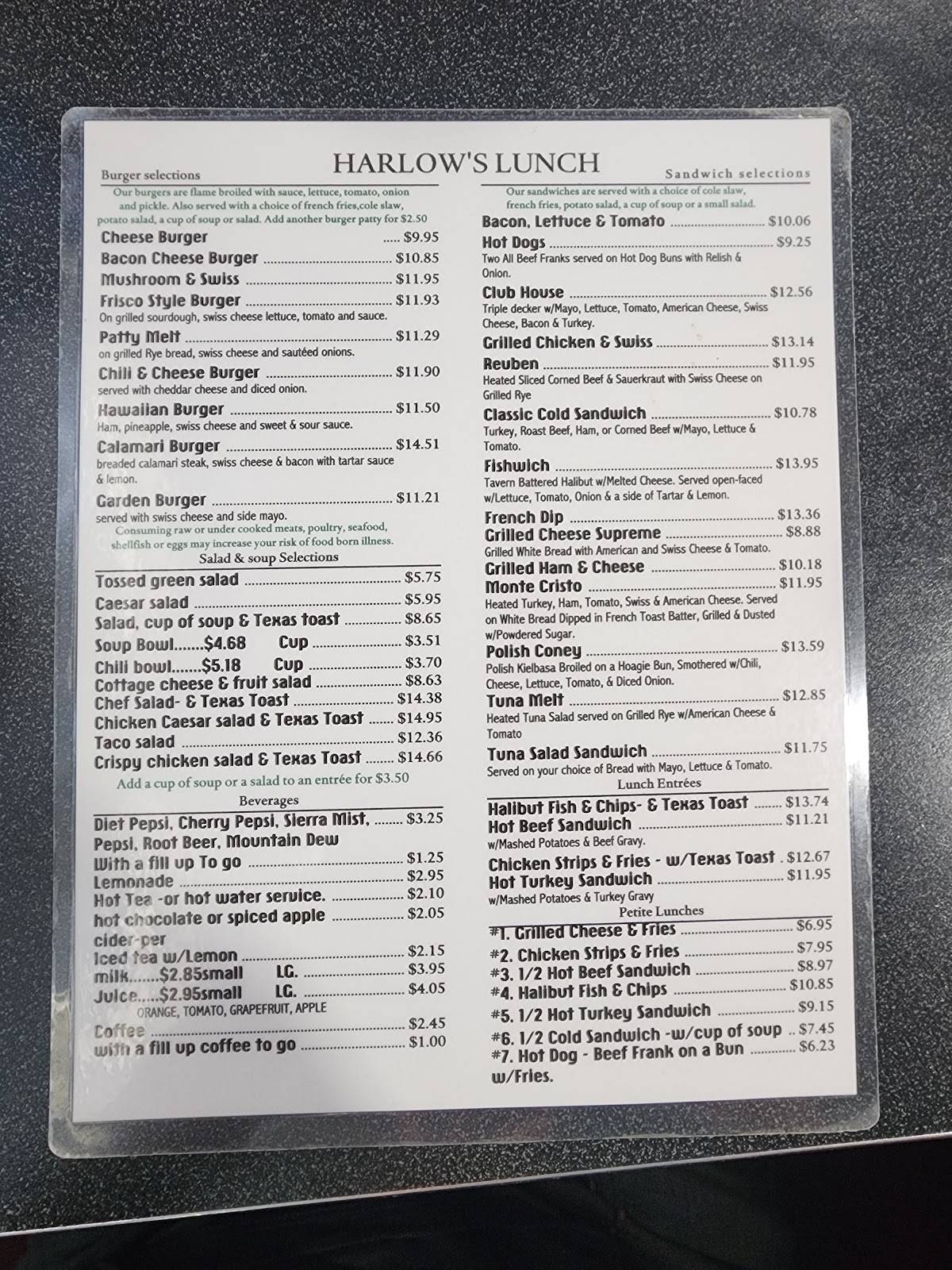 Menu at Harlow's Diner restaurant, Rathdrum