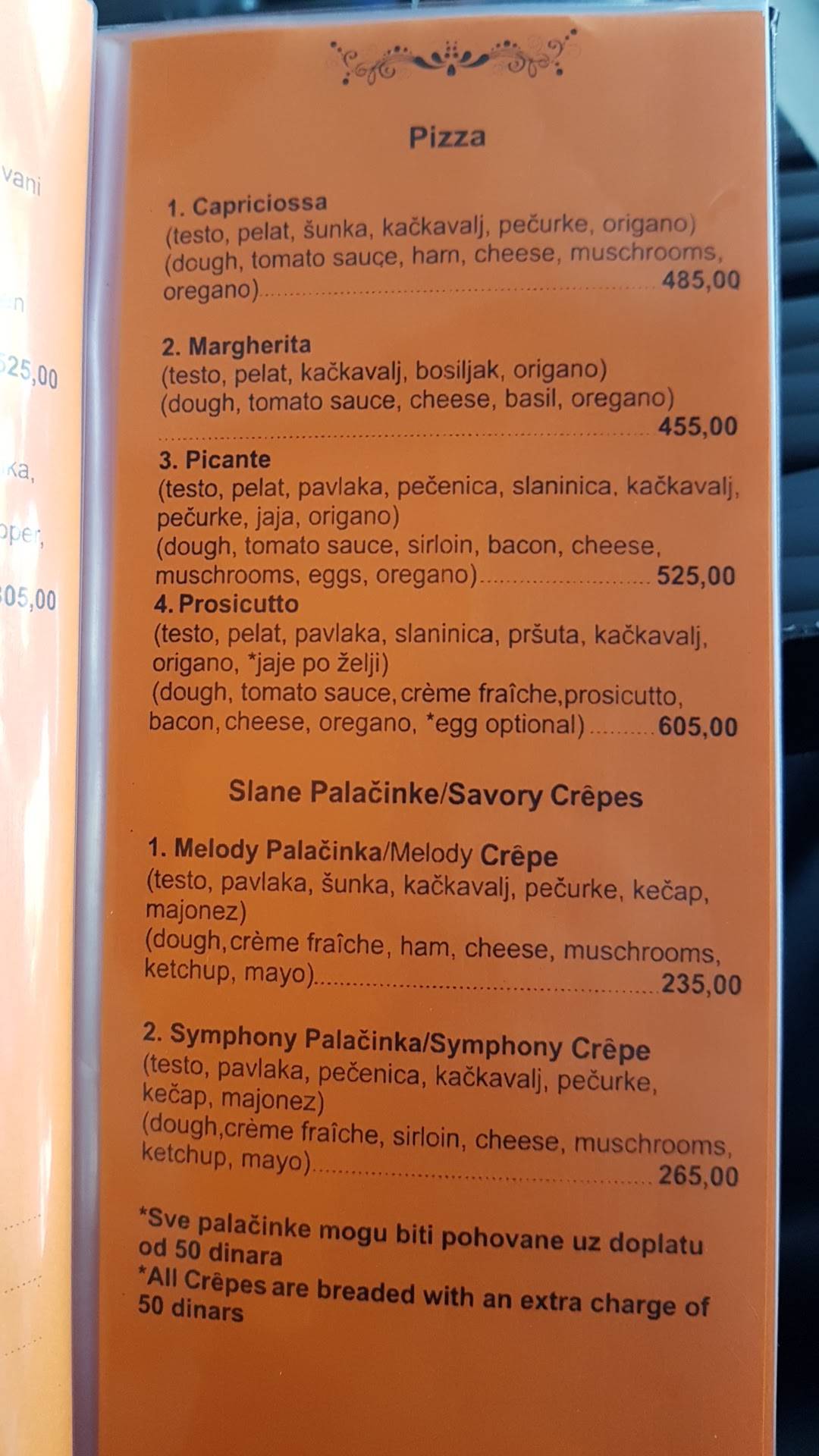 Menu at HarmonY restaurant, Niš