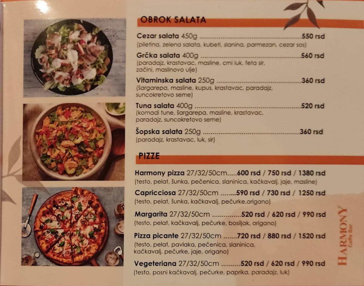 Menu at HarmonY restaurant, Niš