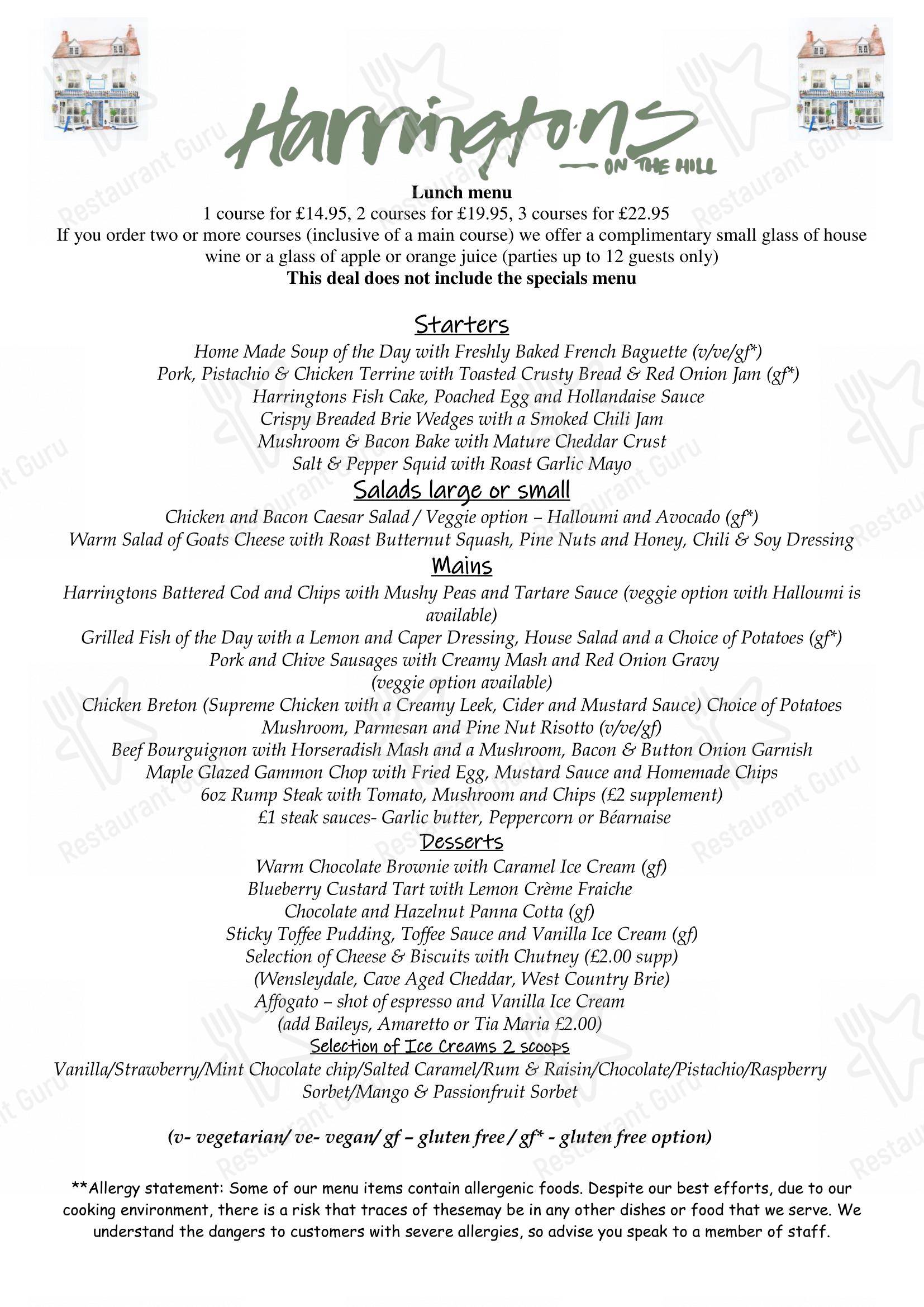 Menu at Harringtons On The Hill restaurant, Kenilworth