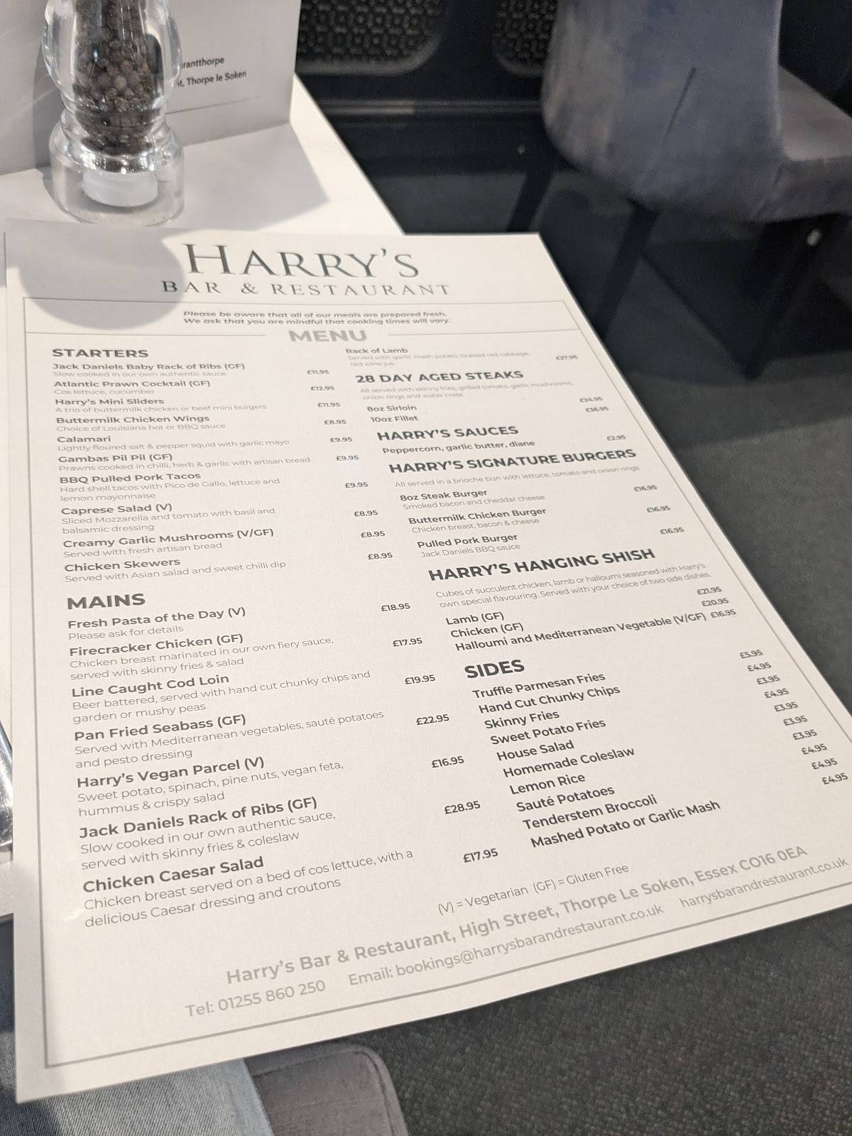 Menu at Harry's Bar & Restaurant, Thorpe-le-Soken, Clacton-on-Sea