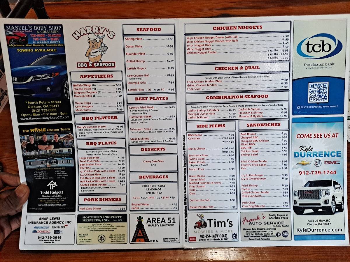 Menu at Harry's Barbeque and Seafood, Hagan