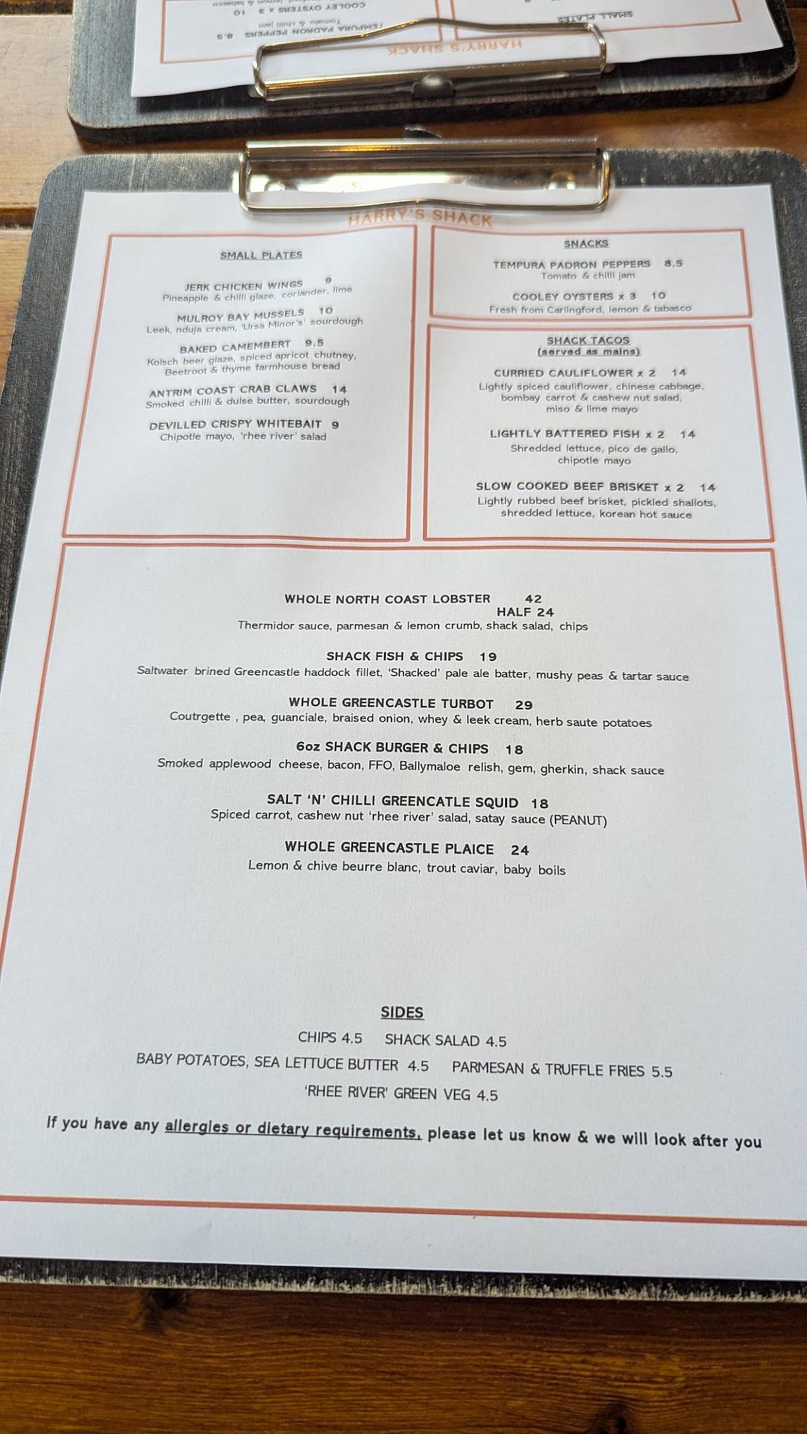 Menu at Harry's Shack restaurant, Portstewart