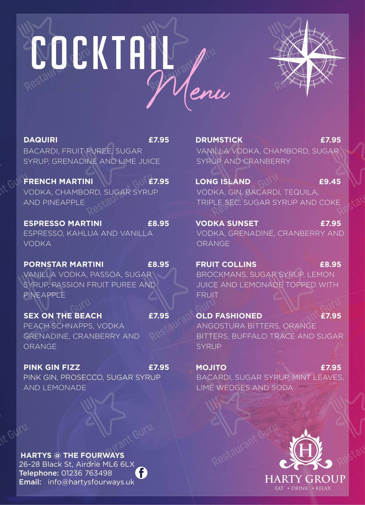 Menu at Hartys at the Fourways restaurant, Airdrie