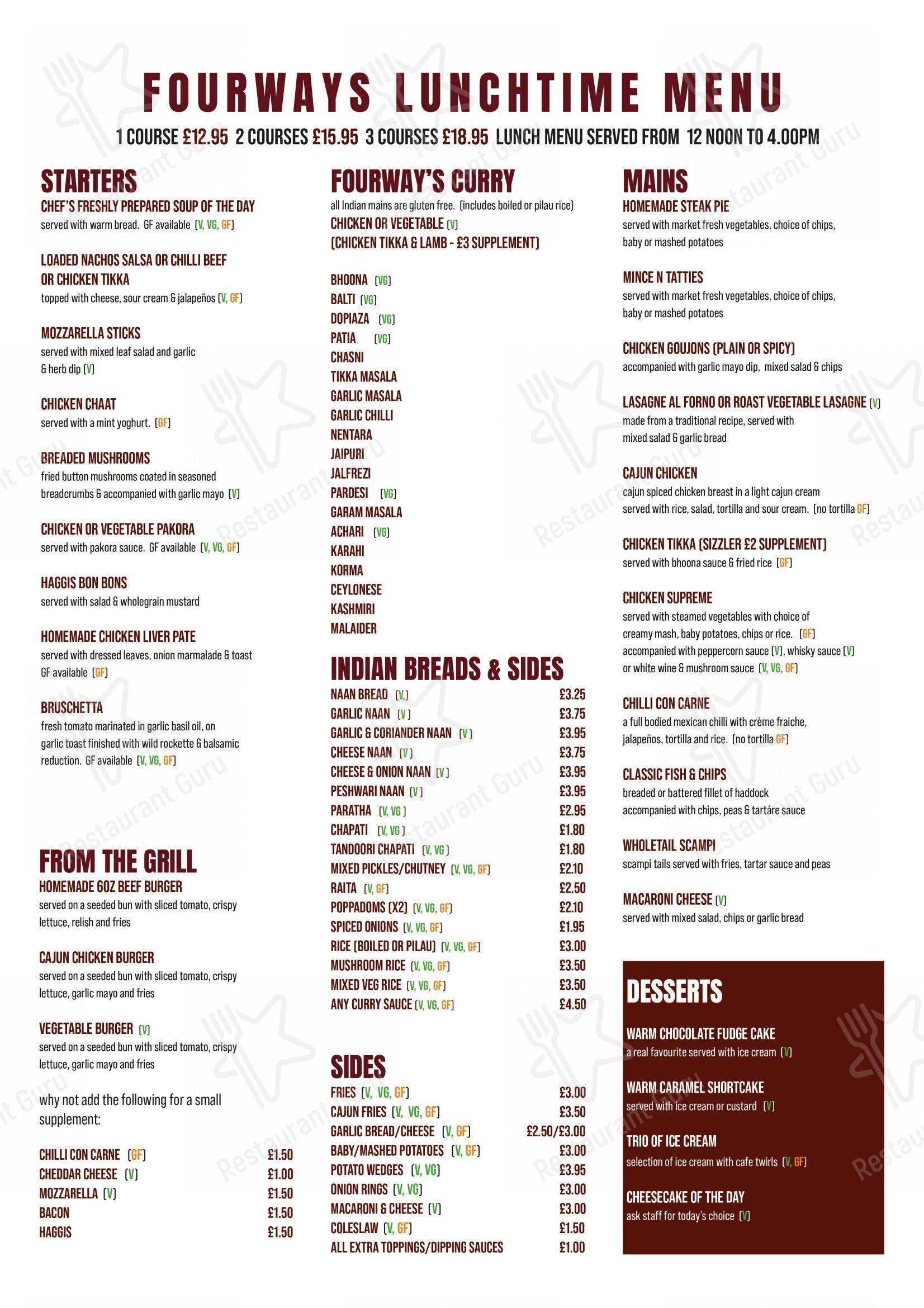 Menu at Hartys at the Fourways restaurant, Airdrie