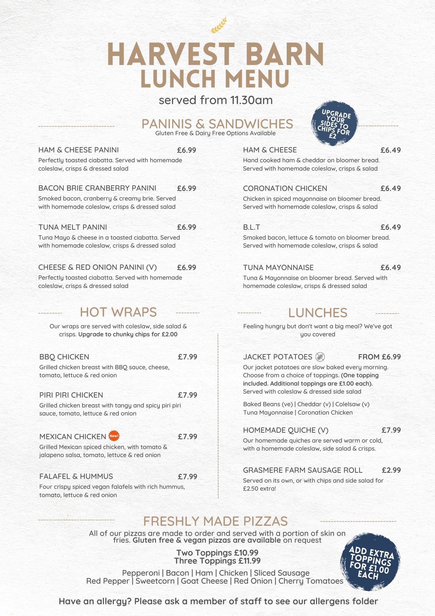 Menu at Harvest Barn, Peterborough
