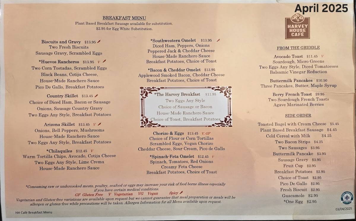 Menu at Harvey House Cafe, Grand Canyon Village