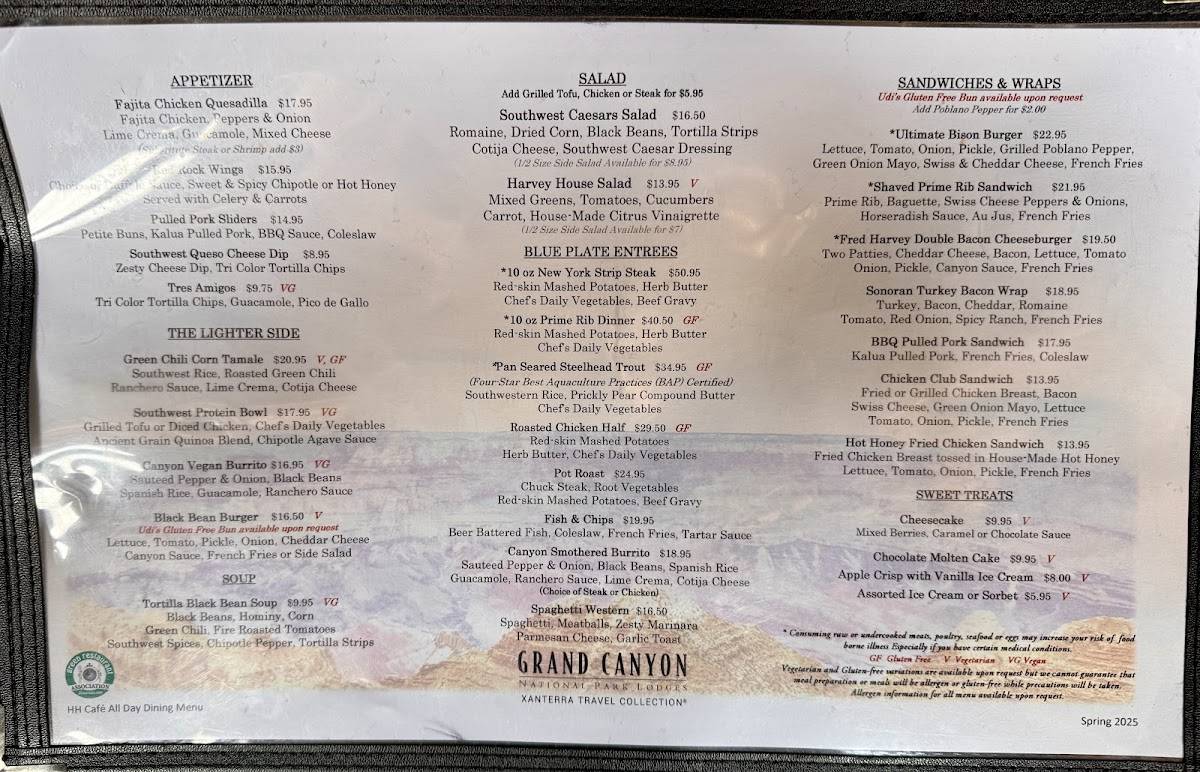 Menu at Harvey House Cafe, Grand Canyon Village