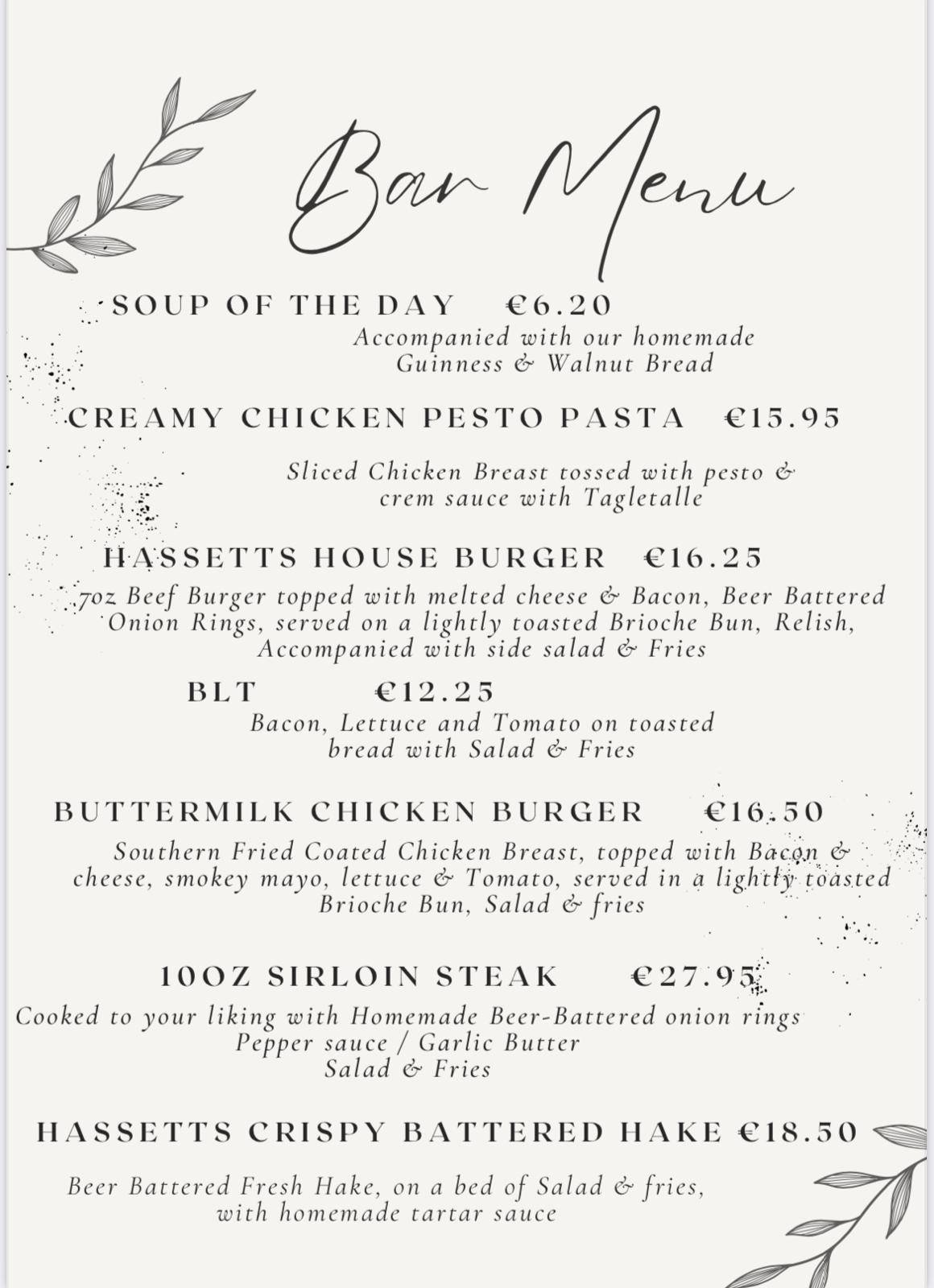 Menu at Hassetts/Le Chéile restaurant, Barefield