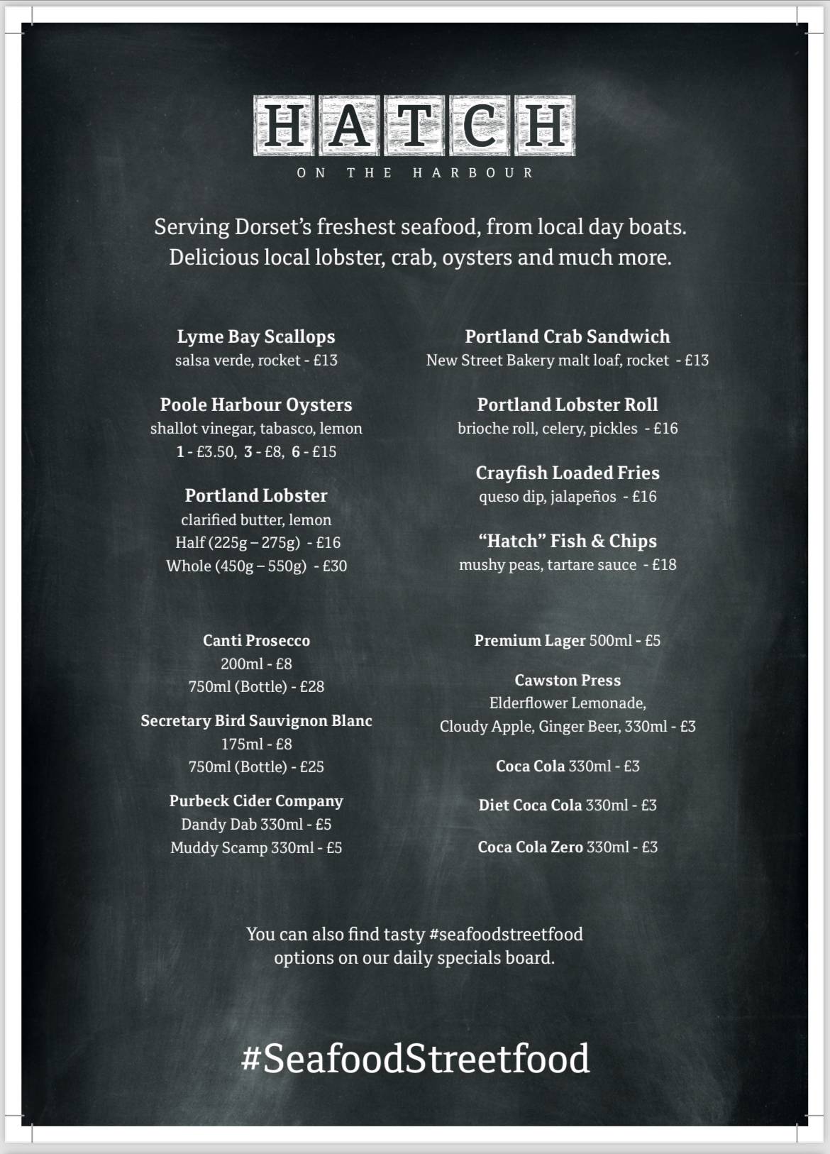 Menu at Hatch on the Harbour restaurant, Weymouth