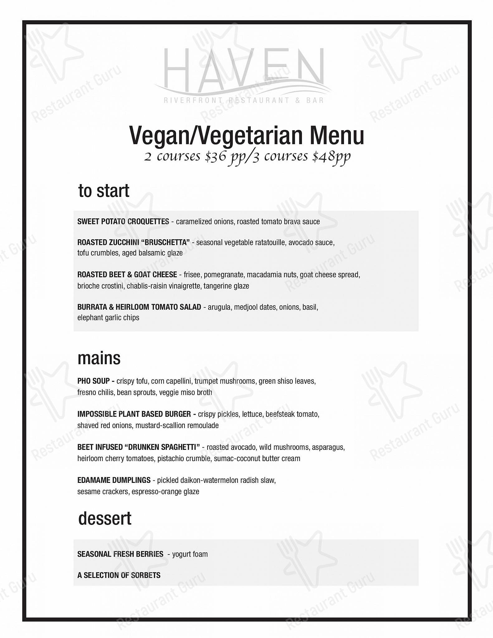 Menu at Haven Riverfront Restaurant and Bar, Edgewater