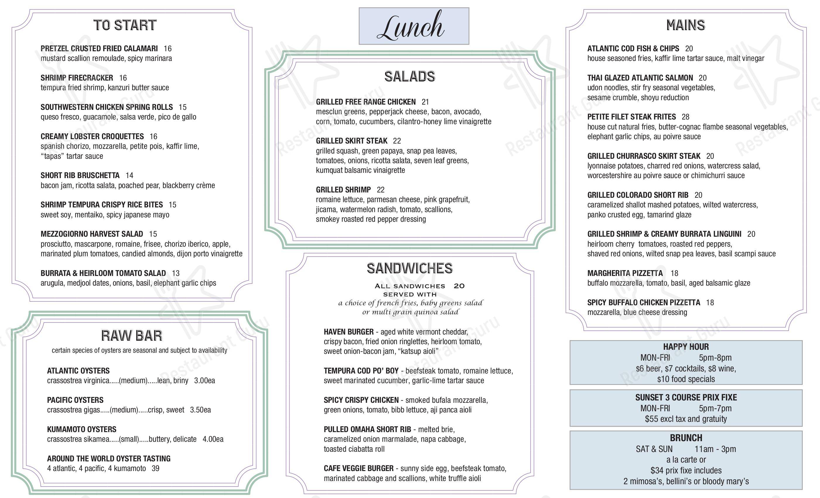 Menu at Haven Riverfront Restaurant and Bar, Edgewater