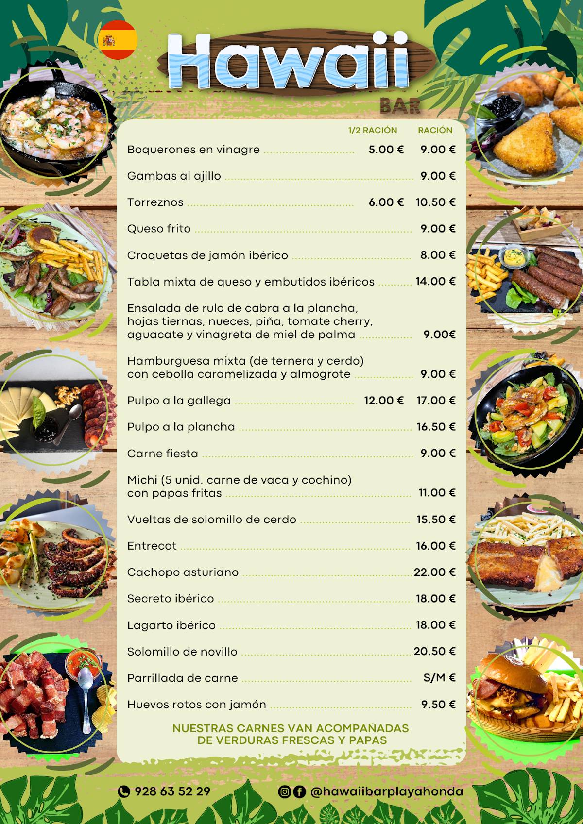 Carta de Hawaii Bar Playa Honda, Playa Honda