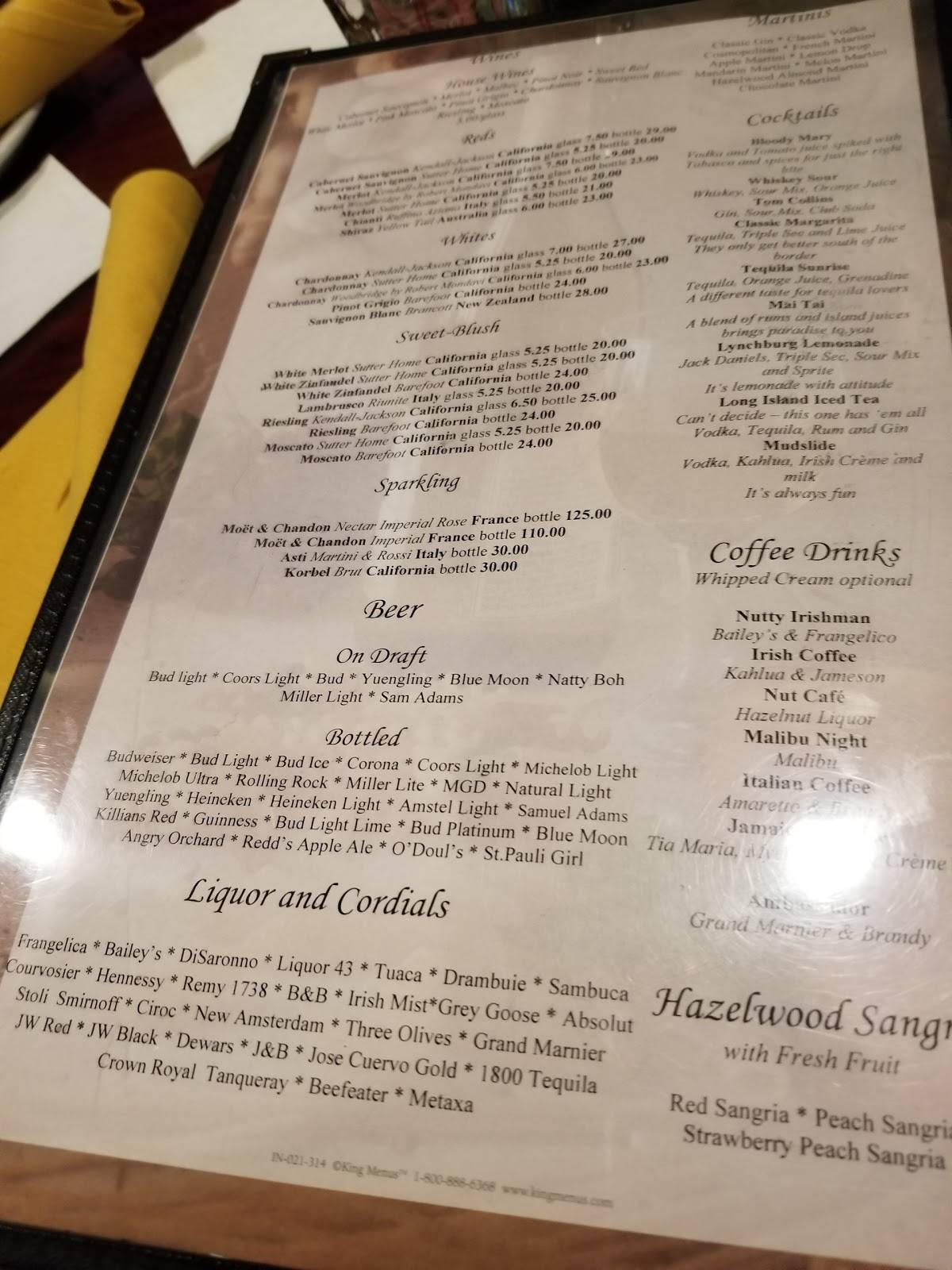 Menu at Hazelwood Inn restaurant, Baltimore