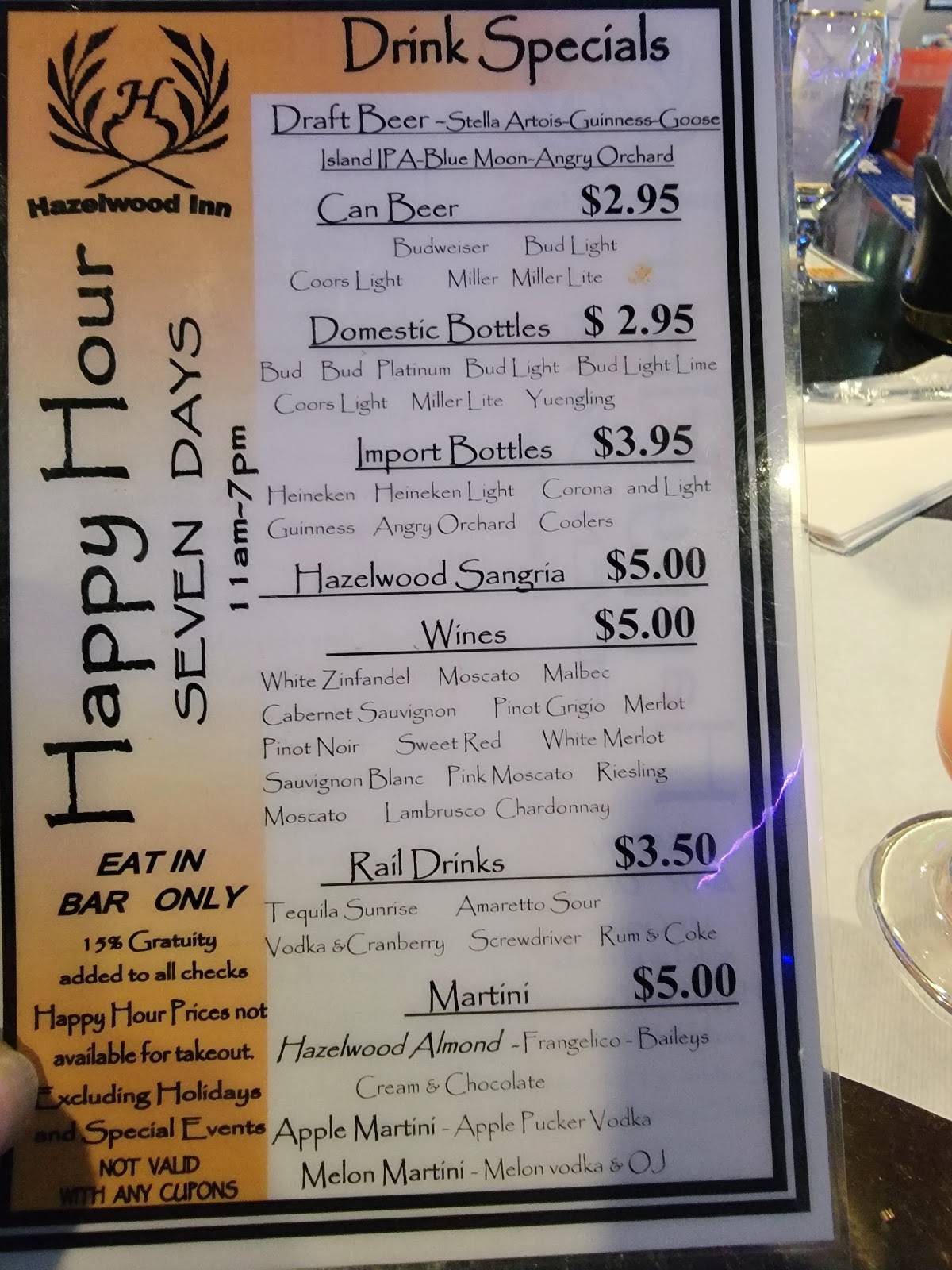 Menu at Hazelwood Inn restaurant, Baltimore