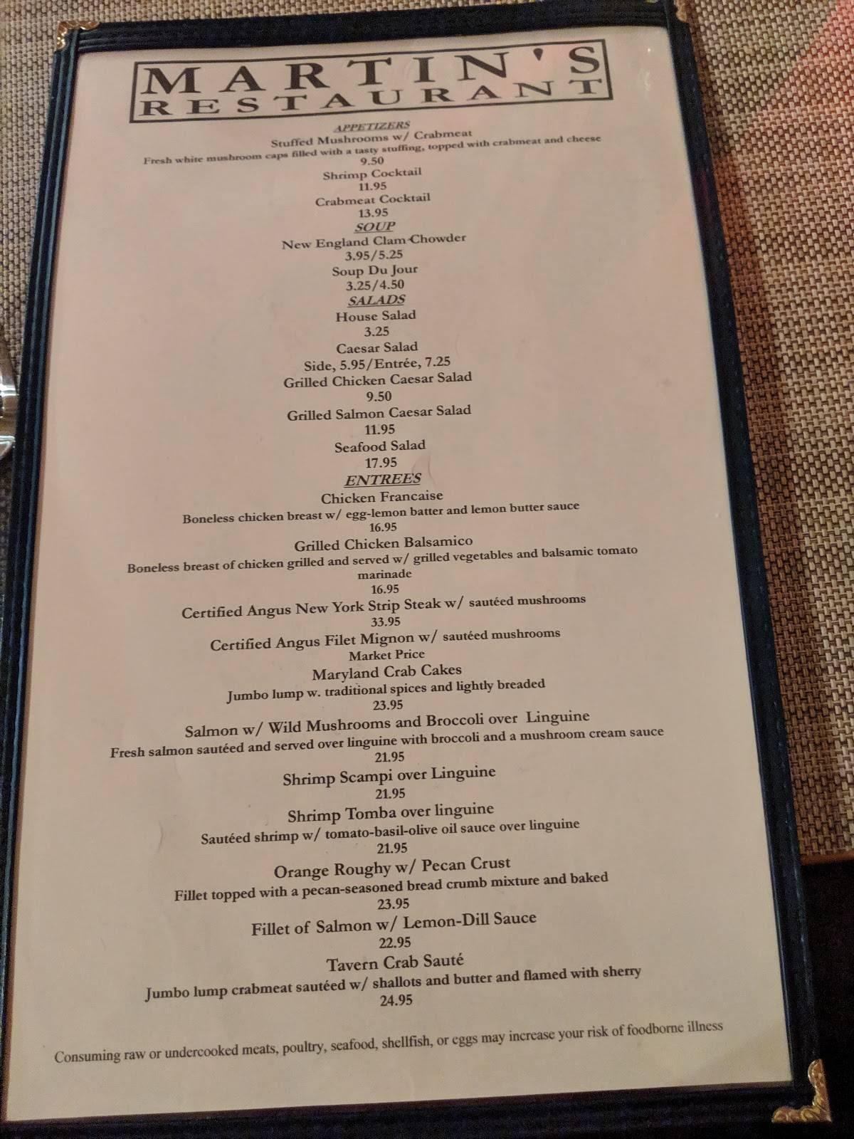 Menu at Martin's restaurant, West Hazleton