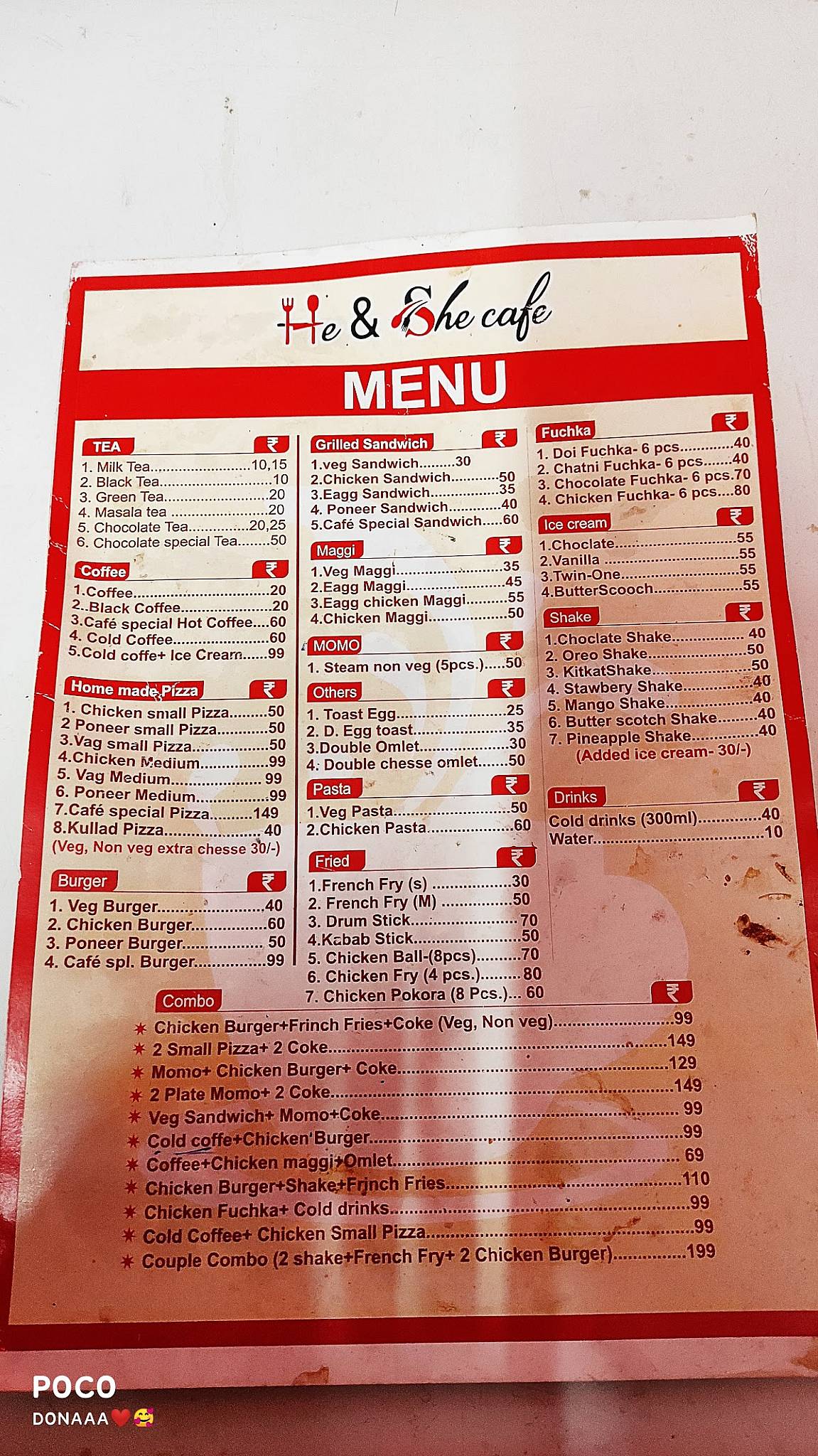 Menu at He & She Cafe, Kolkata