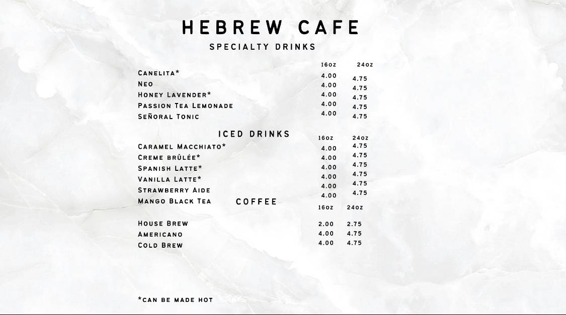 Menu at HeBREW Cafe, Long Beach