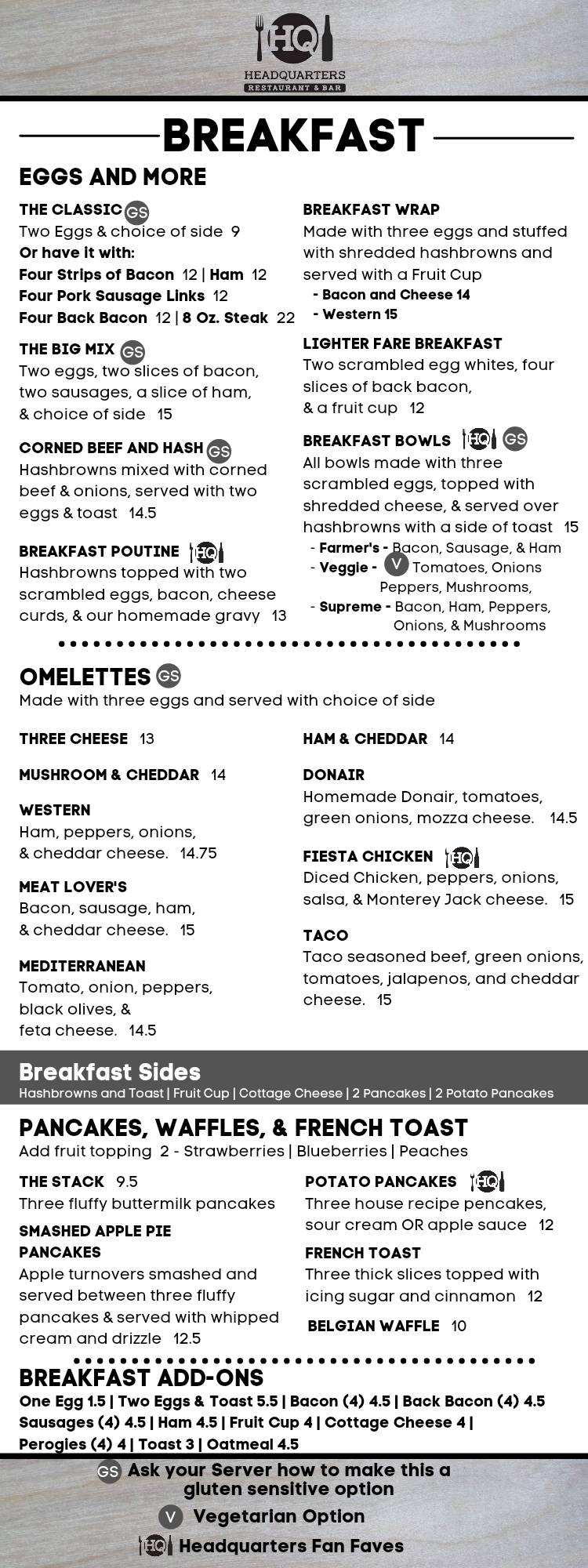 Menu at Headquarters Restaurant and Bar, Sherwood Park