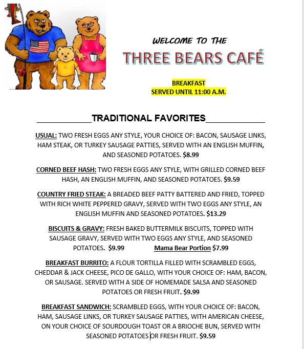 Menu at Three Bear's Cafe, Heber-Overgaard