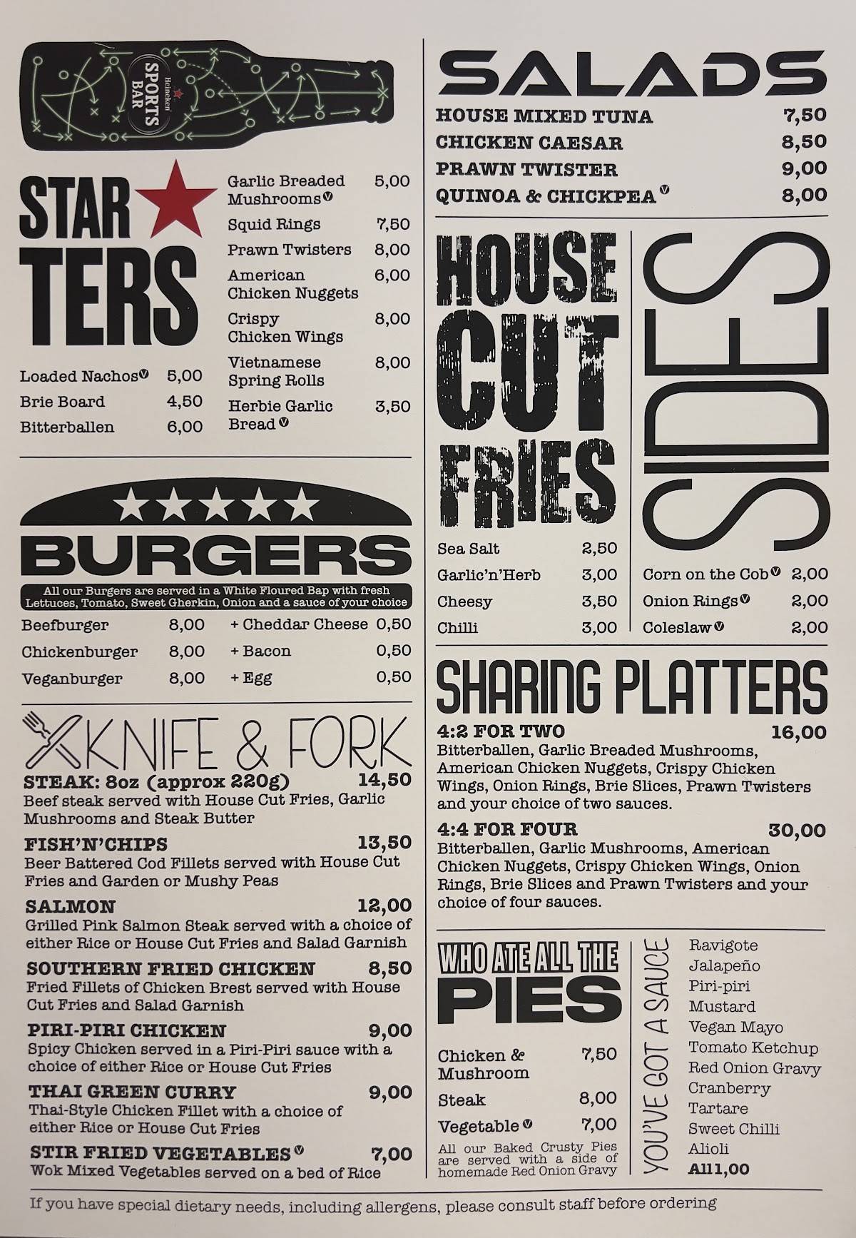 Menu at Heineken Sports Bar Calpe, Calp