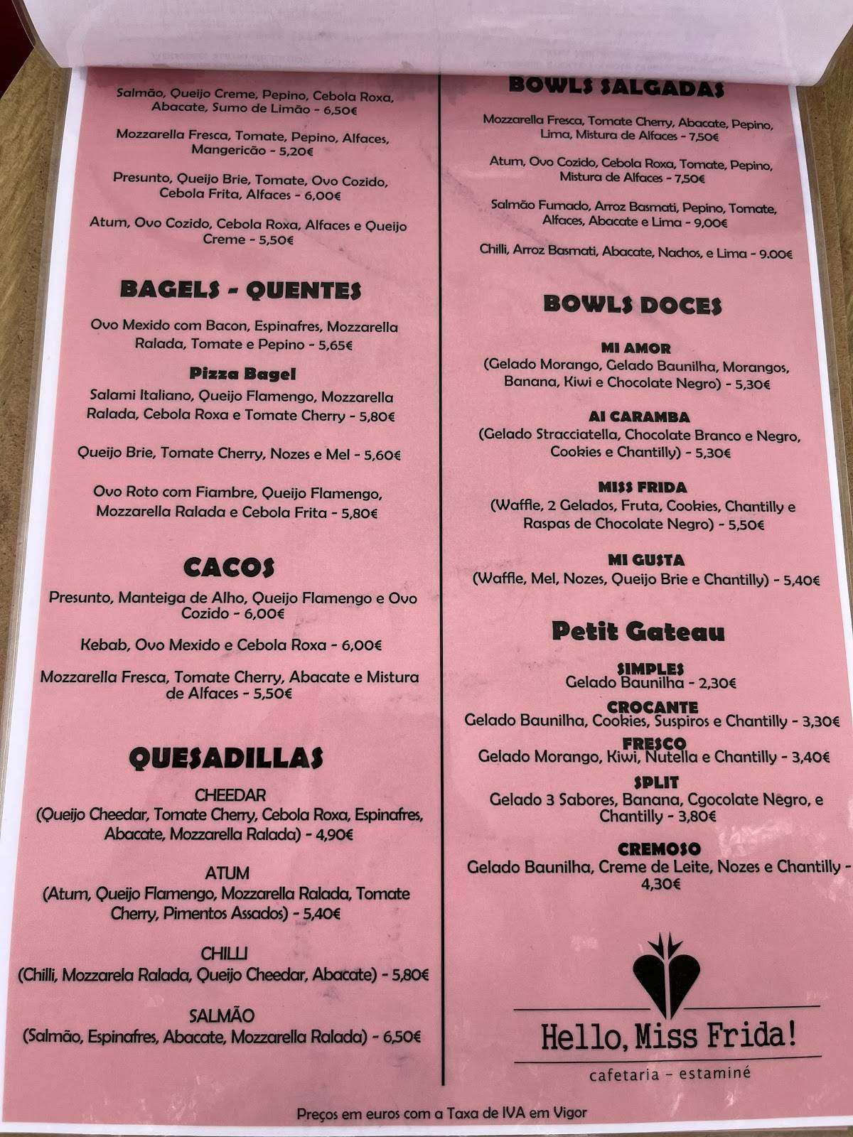 Menu em Hello Miss Frida cafeteria, Marinha Grande