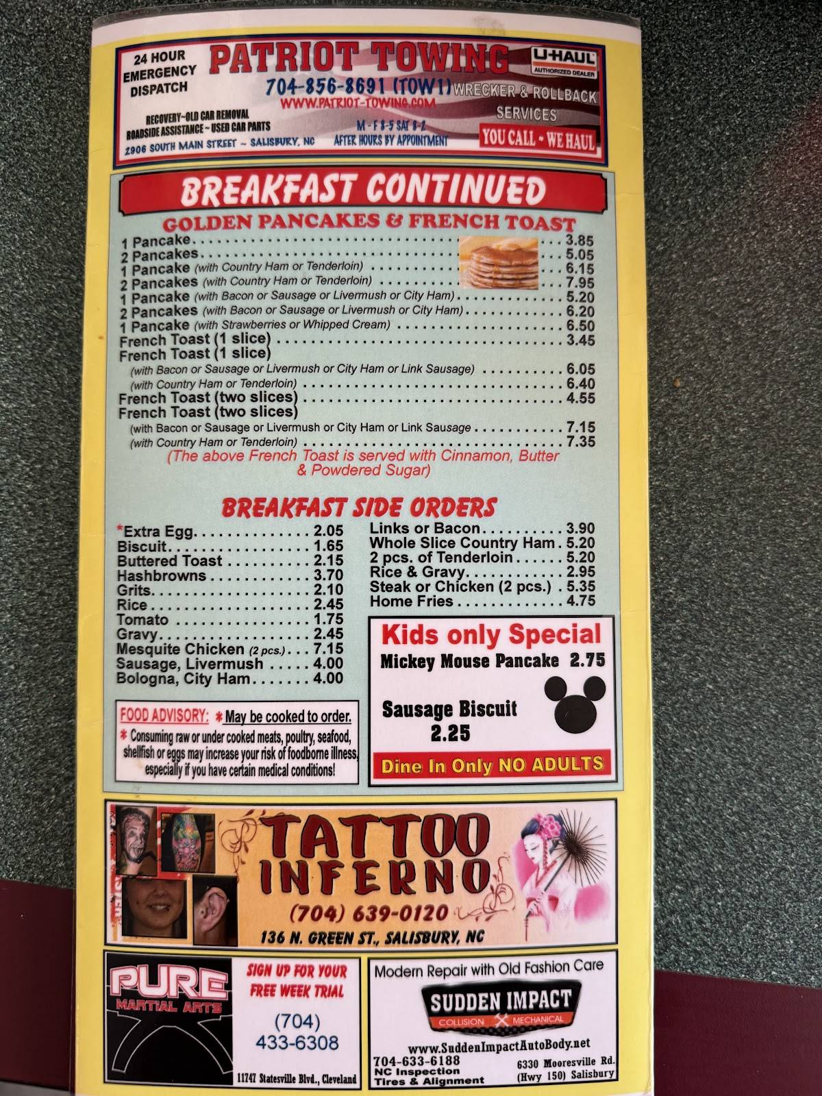 Menu at Hendrix Barbecue, Salisbury, W Innes St