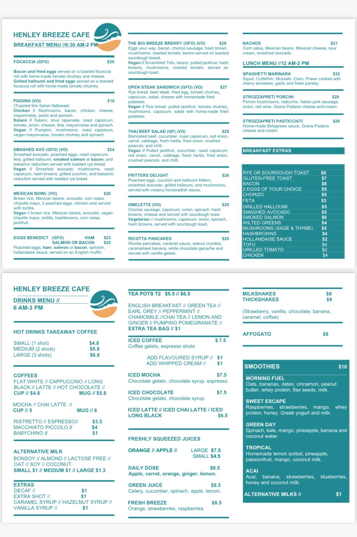 Menu at Henley Breeze Café cafe, Henley Beach
