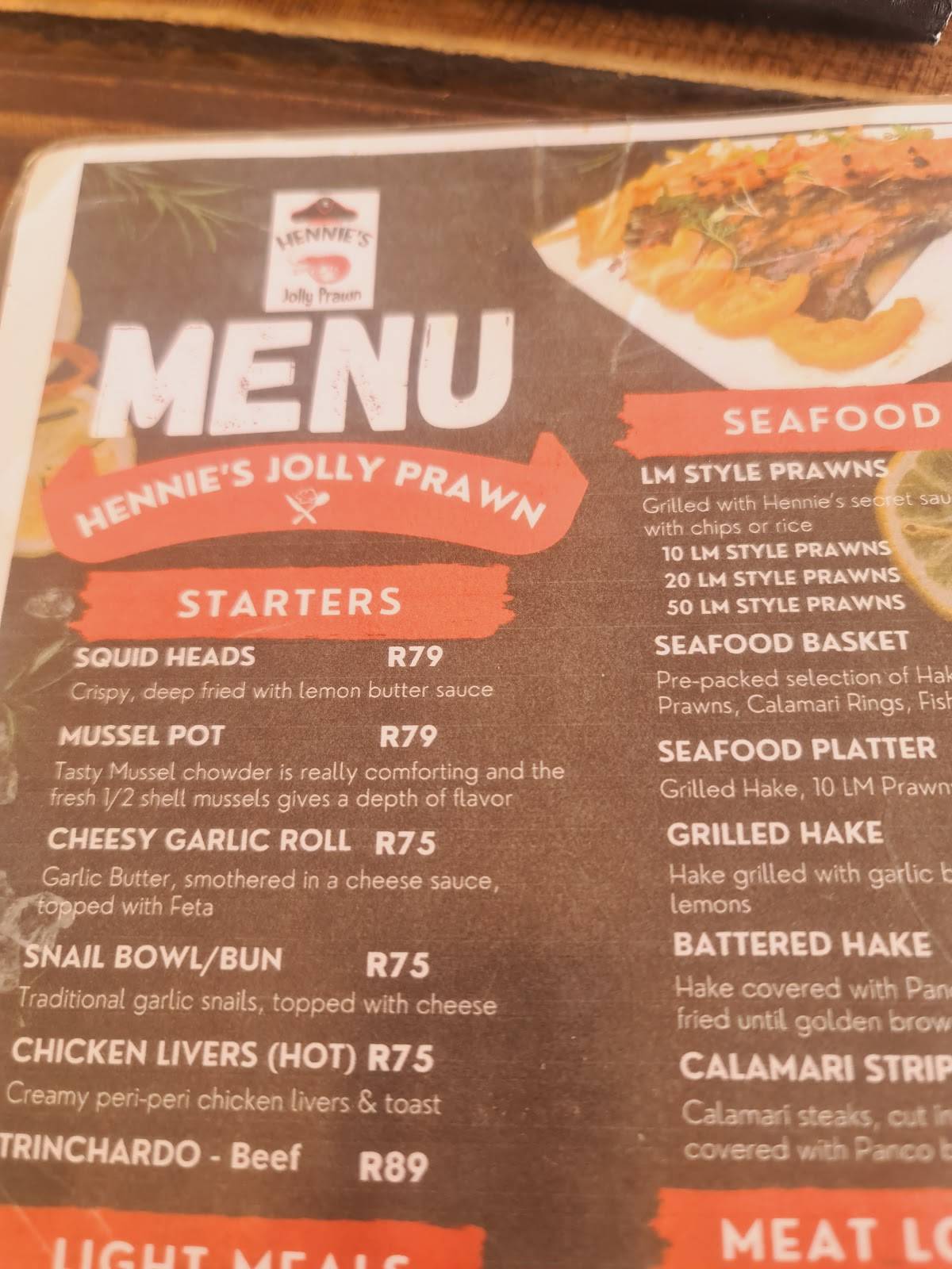 Menu at Hennie's Jolly Prawns restaurant, Centurion