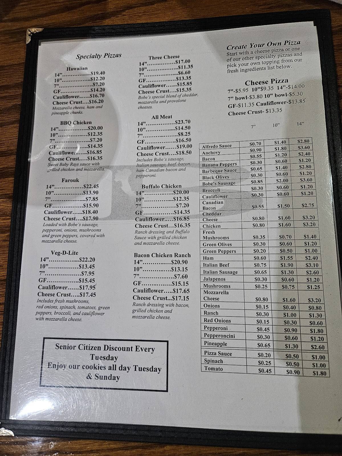 Menu at Henry Bobe's Trattoria pizzeria, Sullivan