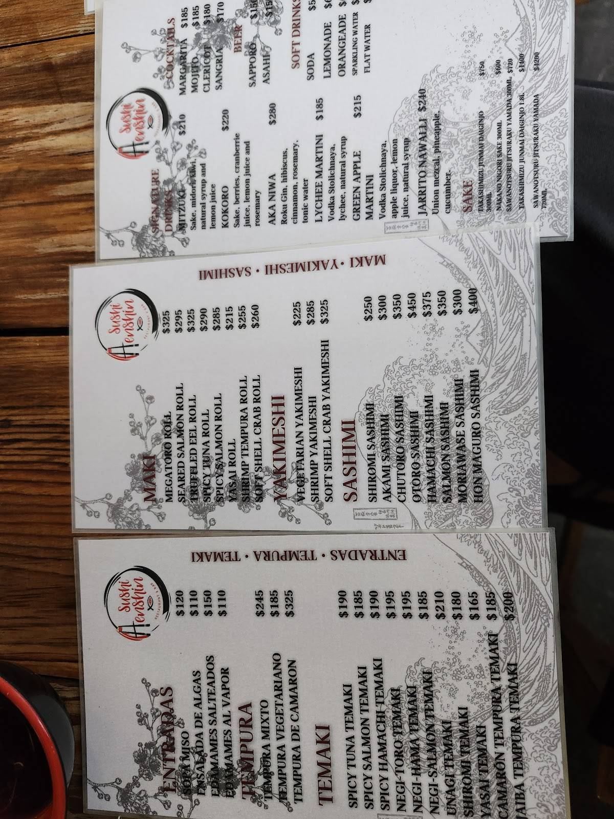 Carta del restaurante Henshin Sushi, Sayulita
