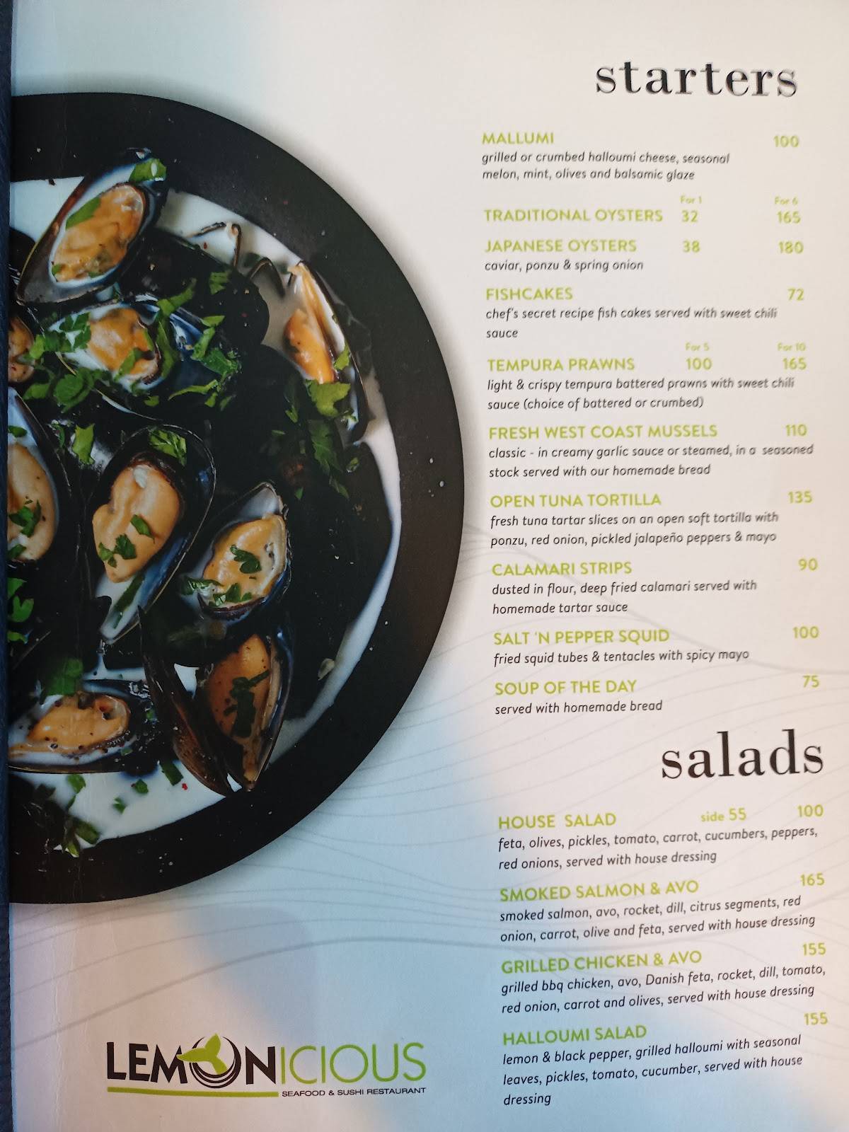 Menu at Lemonicious restaurant, Hermanus
