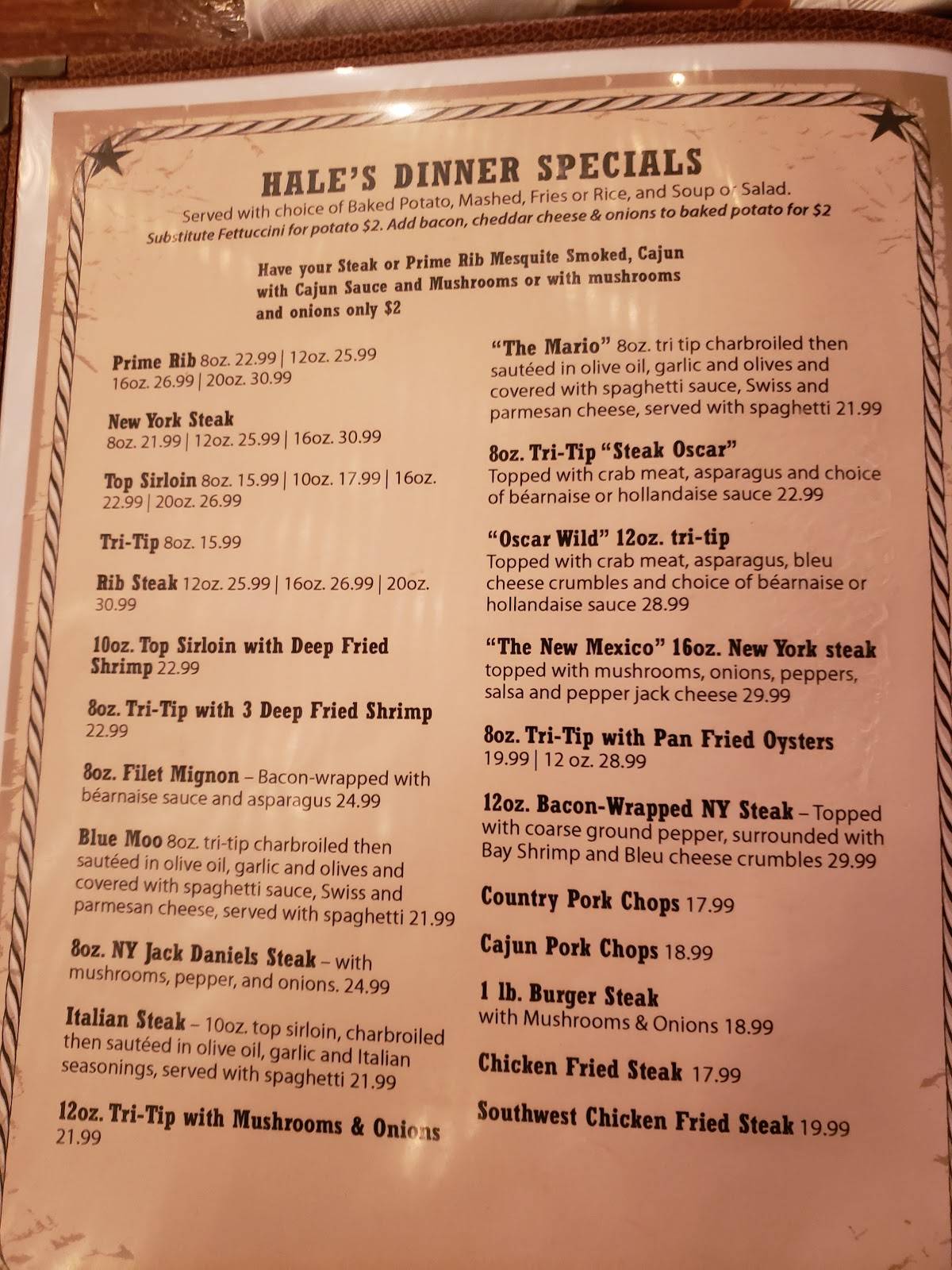 Menu at Hale's Tavern steakhouse, Hermiston