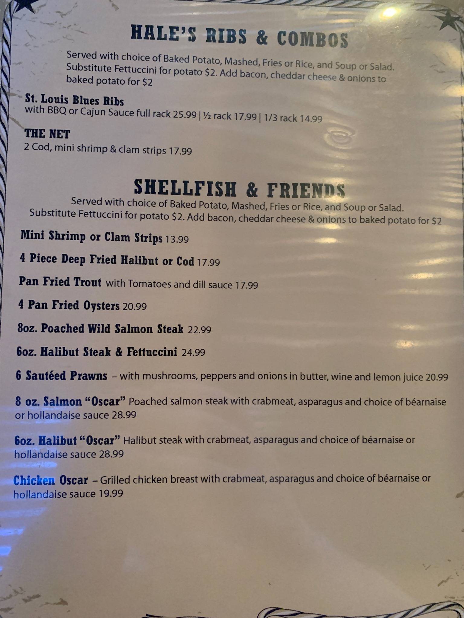 Menu at Hale's Tavern steakhouse, Hermiston