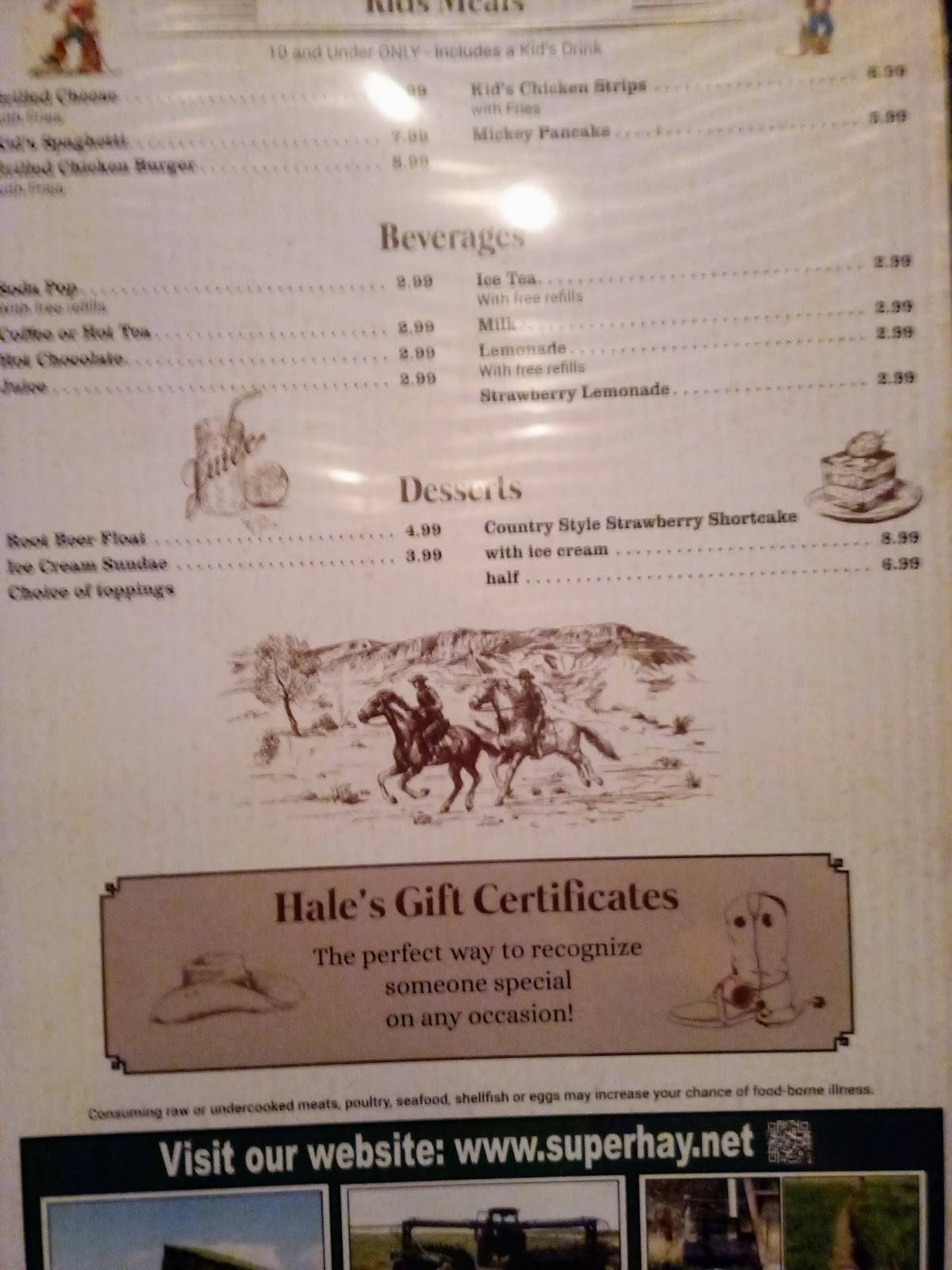 Menu at Hale's Tavern steakhouse, Hermiston