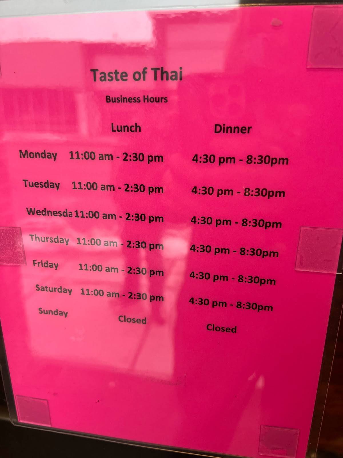 Menu at Taste of Thai restaurant, Hermiston