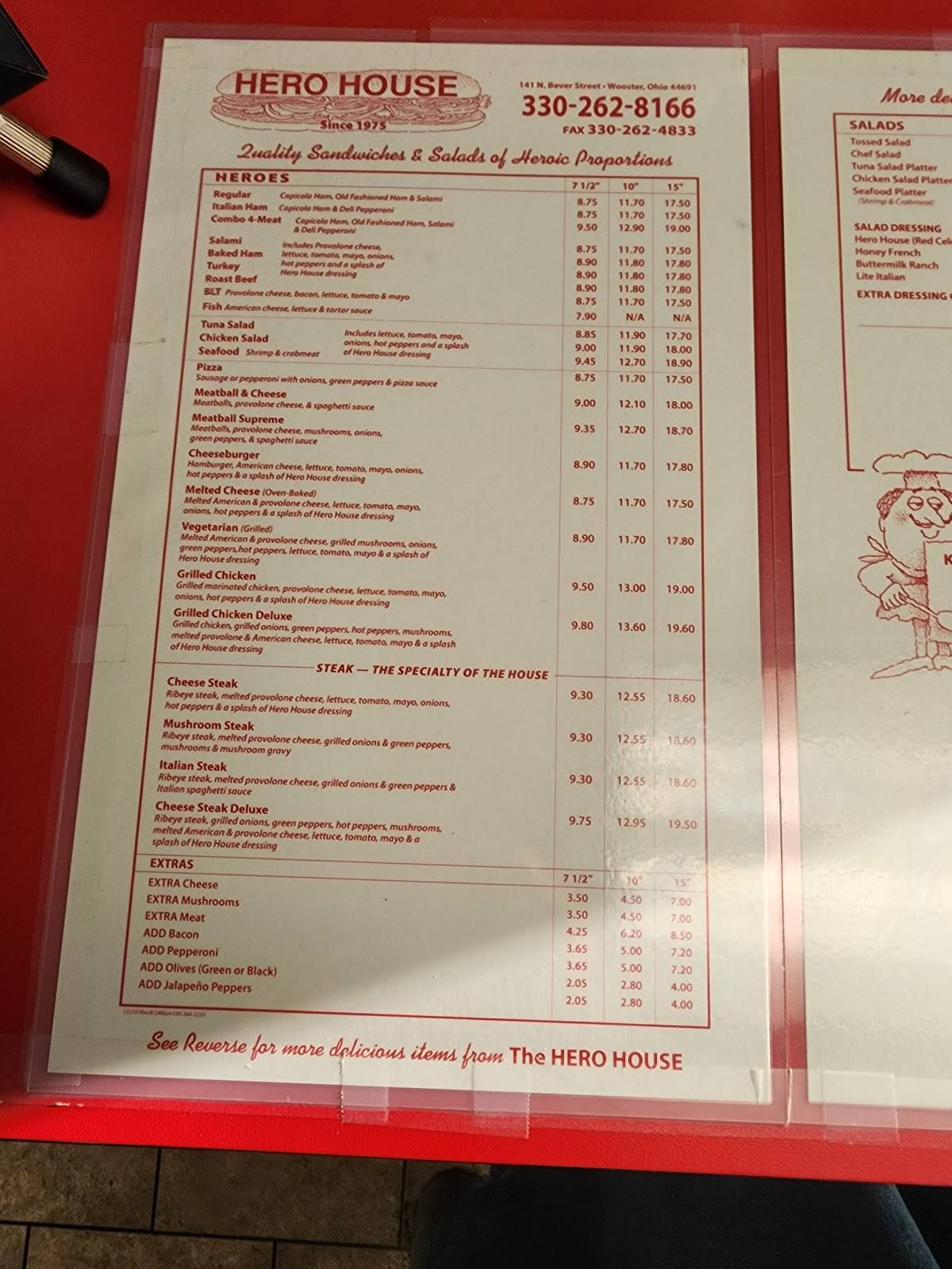 Menu at Hero House restaurant, Wooster
