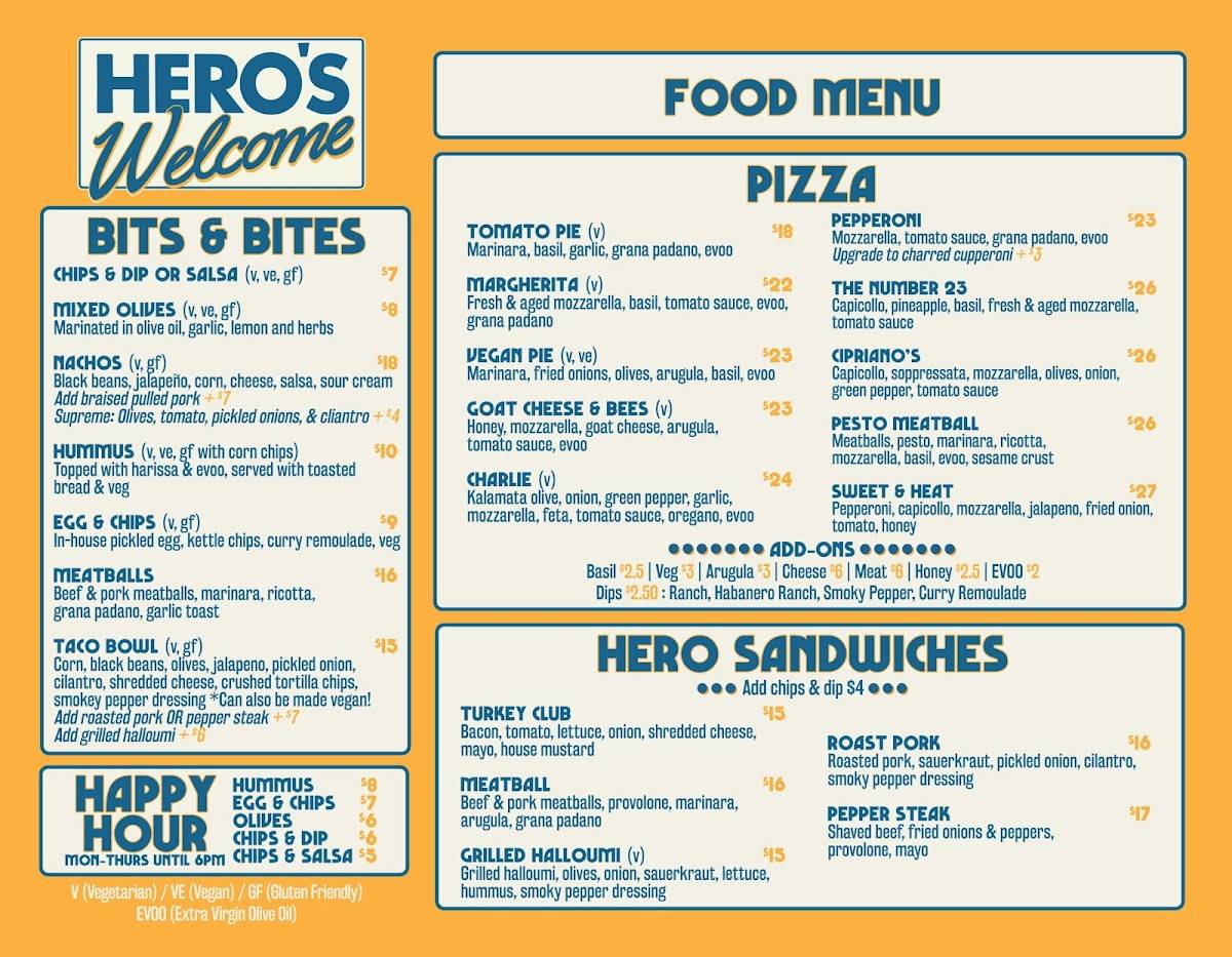 Menu at Hero's Welcome pub & bar, Vancouver