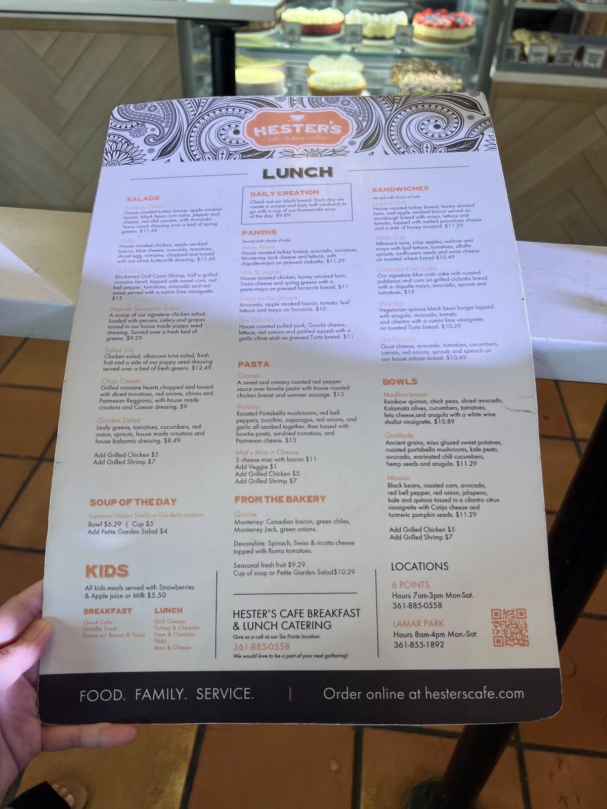 Menu at Hester's Cafe Lamar Park, Corpus Christi, S Alameda St