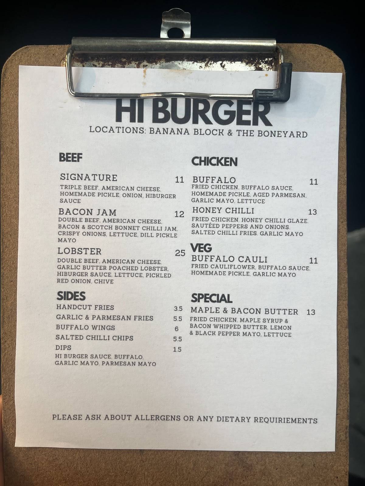 Menu at Hi Burger restaurant, Belfast, PortView Trade Centre
