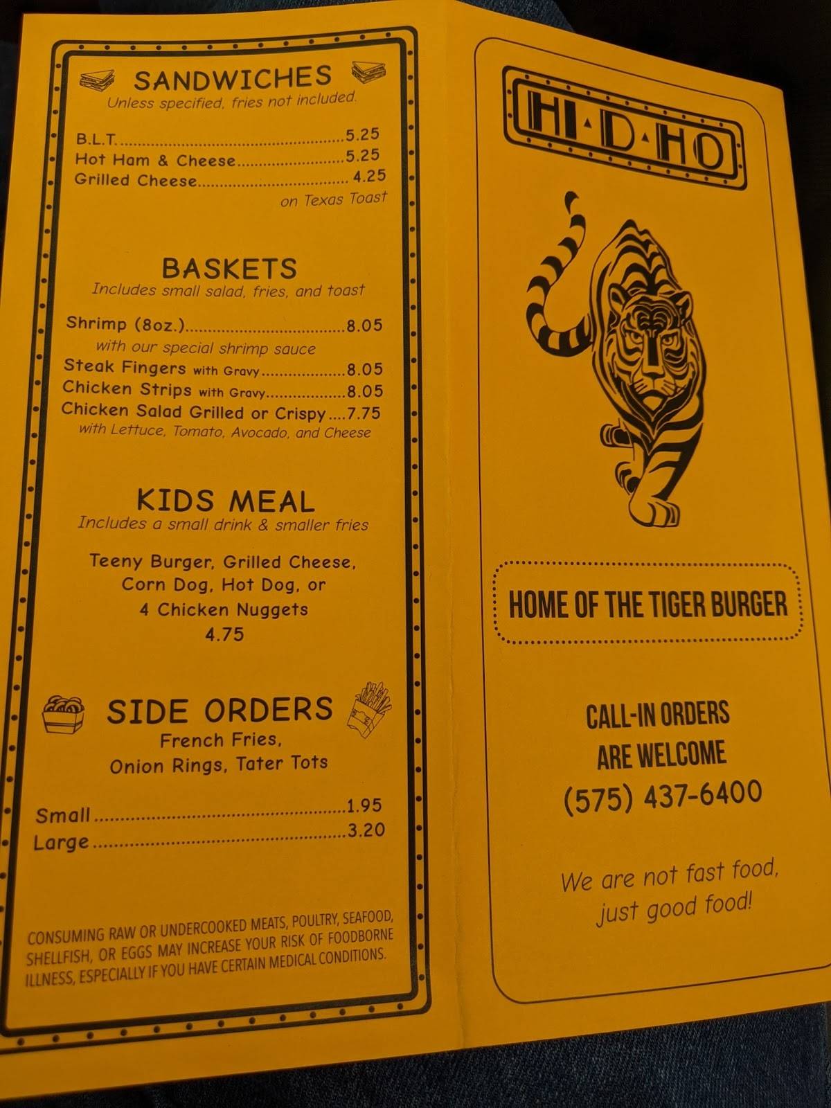 Menu at Hi-D-Ho Drive In fast food, Alamogordo