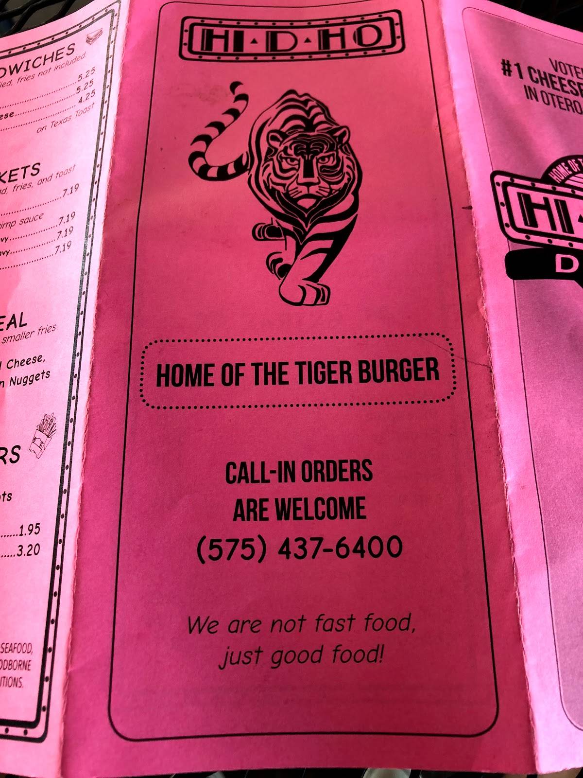 Menu at Hi-D-Ho Drive In fast food, Alamogordo