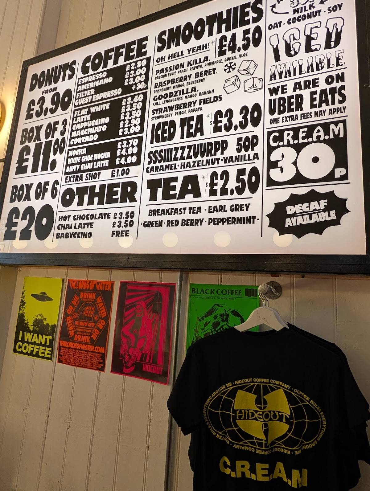 Menu at Hideout Coffee Company cafe, Portsmouth