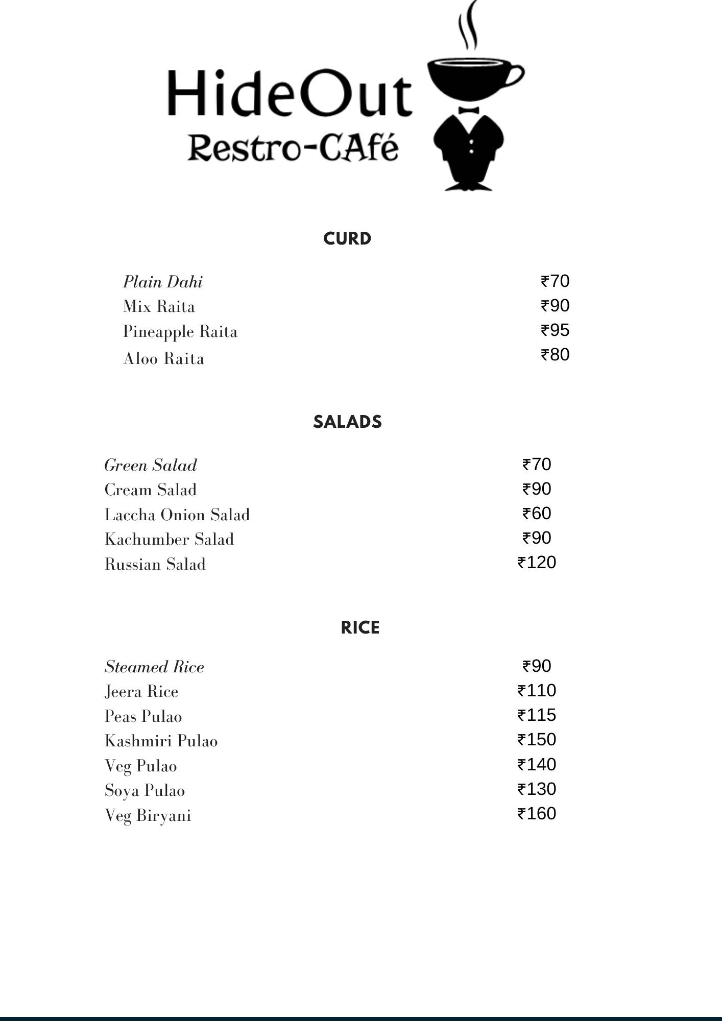 Menu at Hideout Restaurant and Cafe (Best Pizza and Burgers and Fast ...