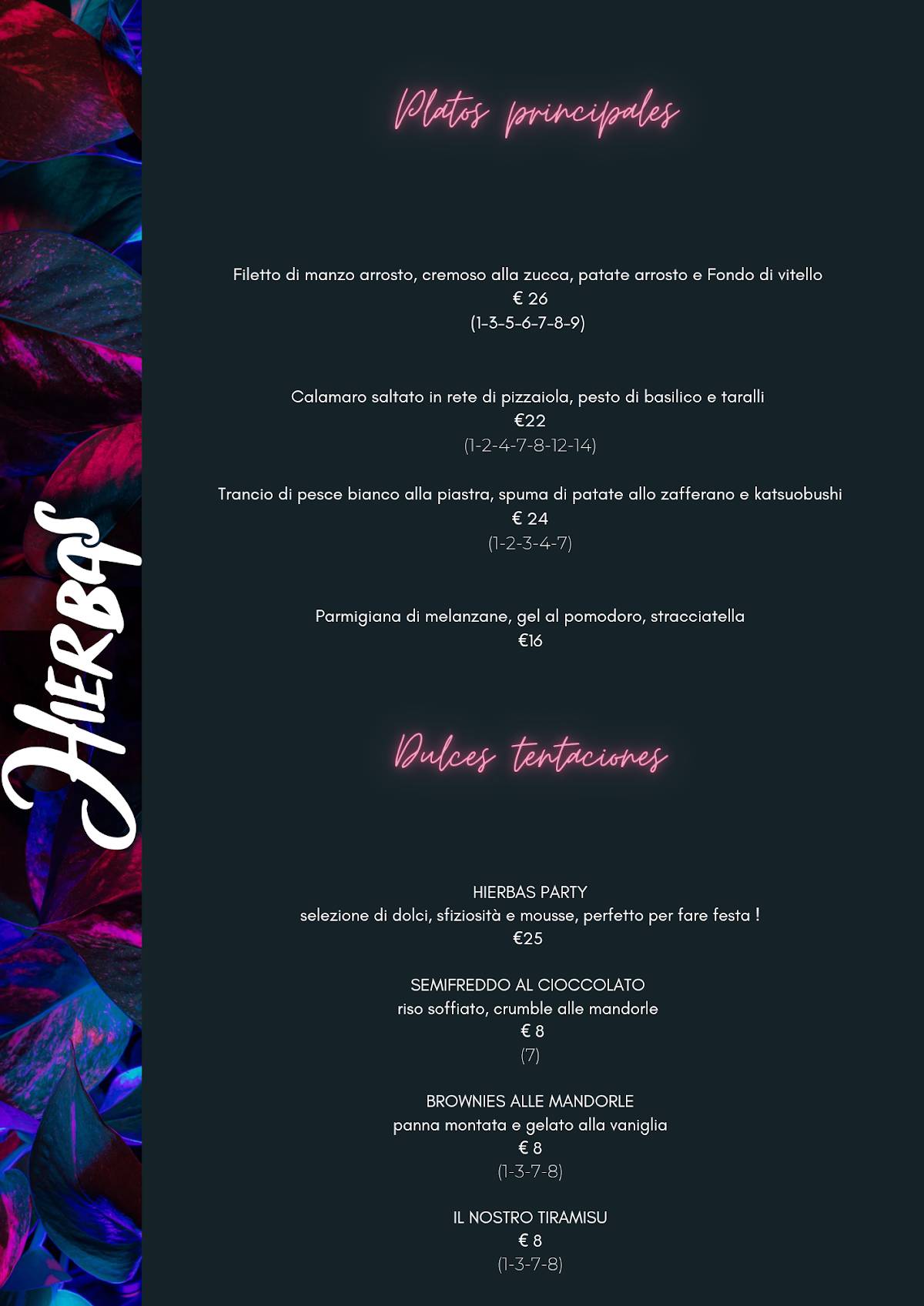 Carta del restaurante Hierbas Milano, Milan
