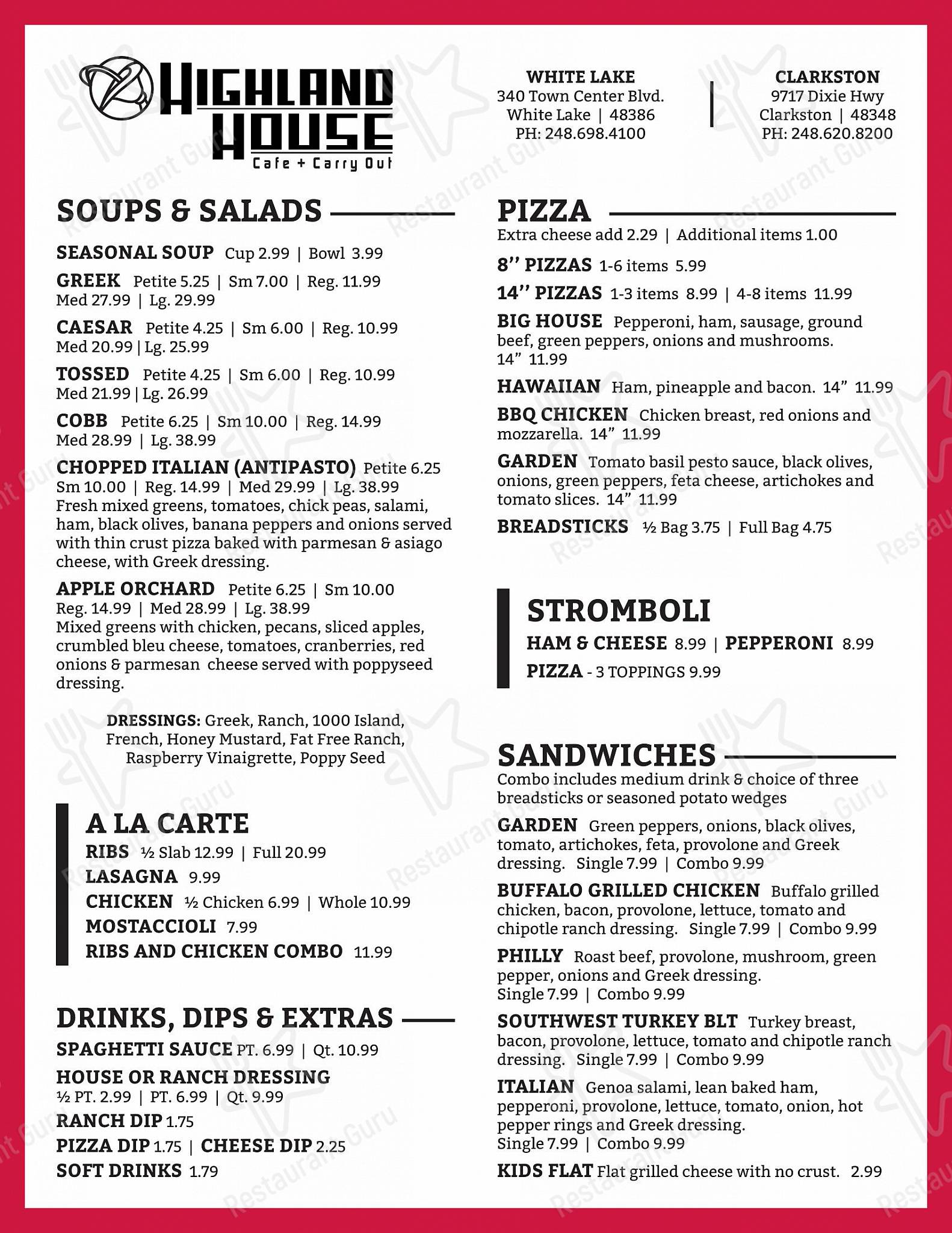 Menu at Highland House Cafe & Carryout, Springfield Township
