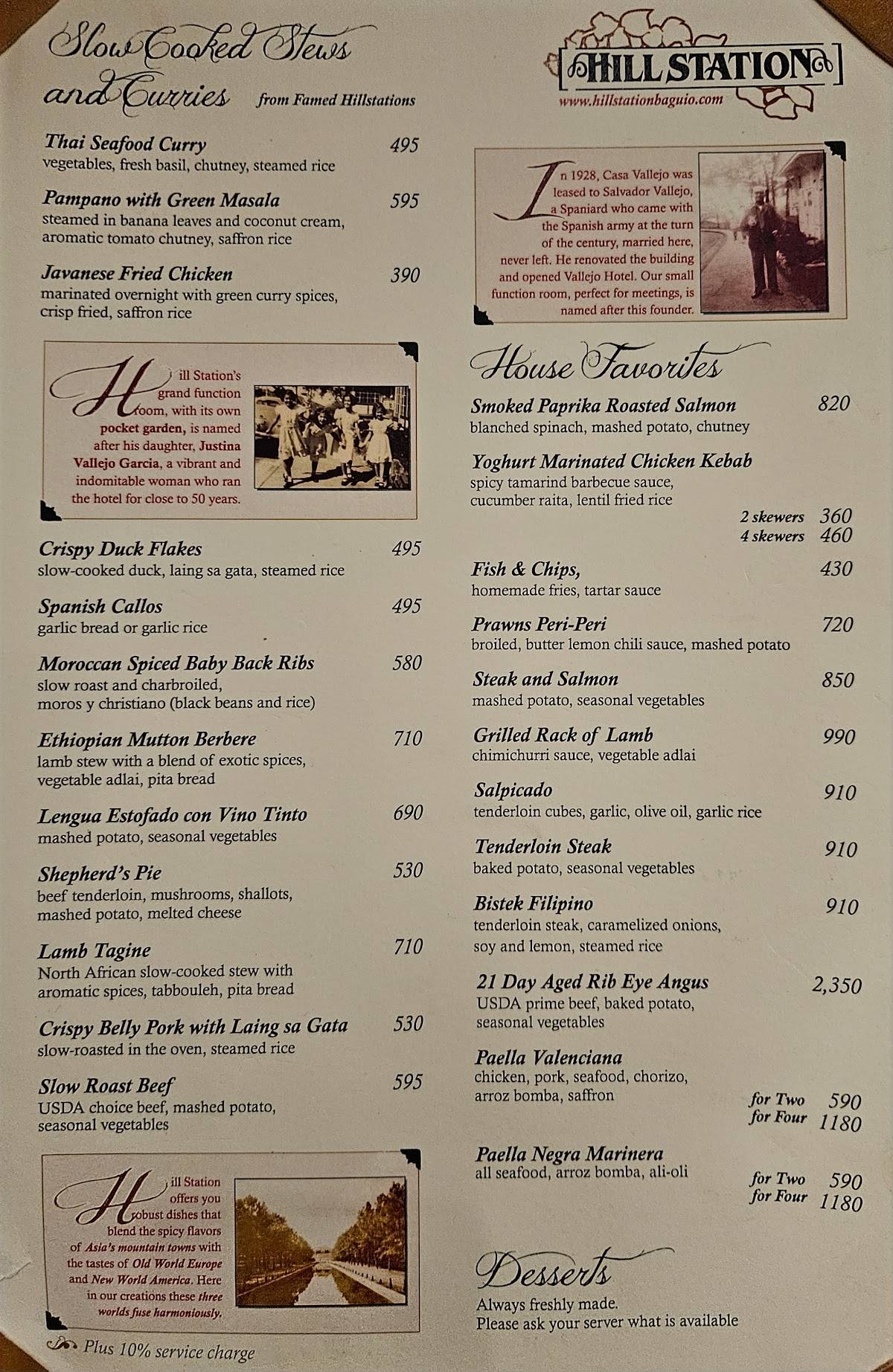 Menu at Hill Station restaurant, Baguio, Casa Vallejo