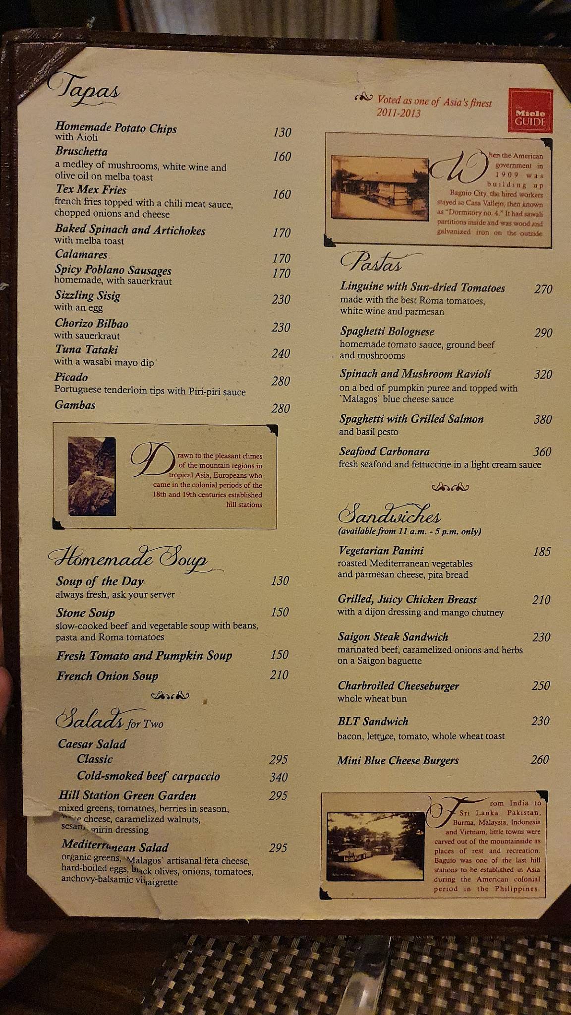 Menu at Hill Station restaurant, Baguio, Casa Vallejo